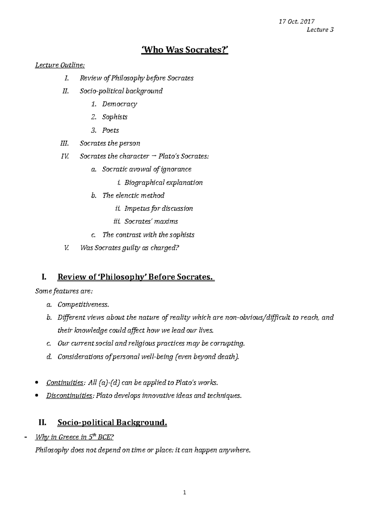 Lecture 3 Who Was Socrates - 17 Oct. 2017 Lecture 3 ‘Who Was Socrates ...