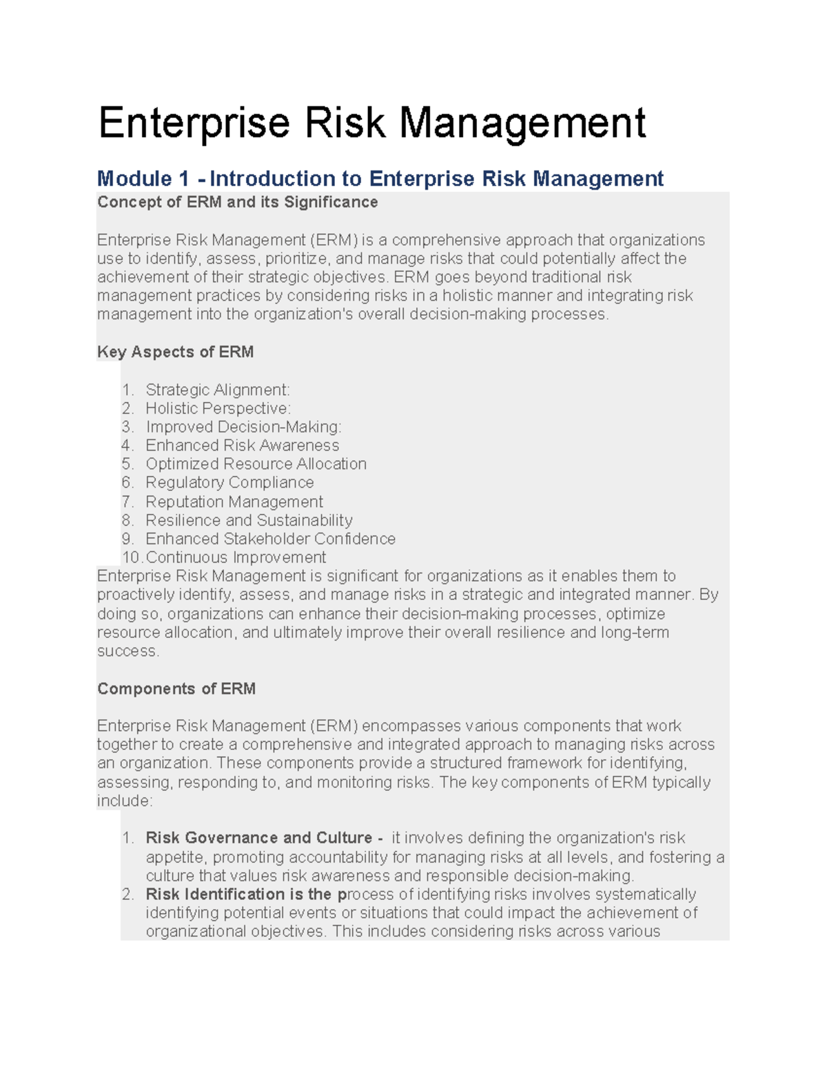 ERM - topic 1 - Introduction to Enterprise Risk Management. Concept of ...