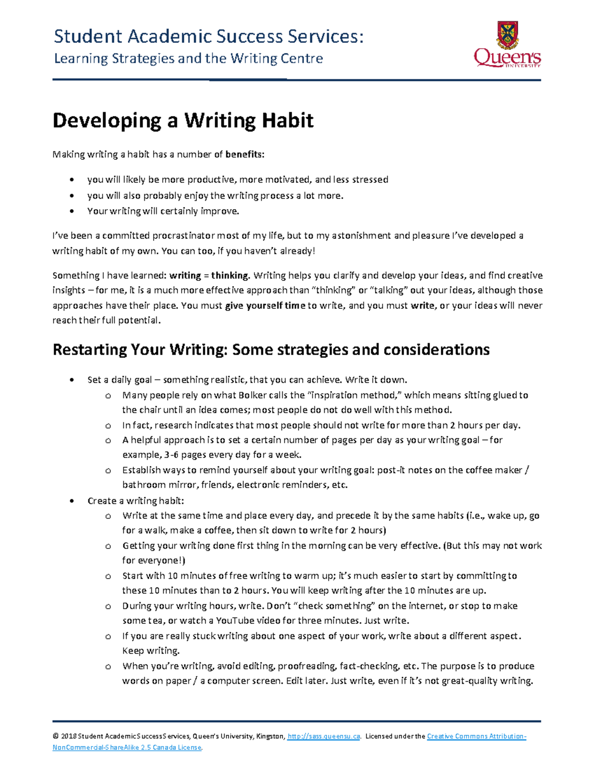 Developing a Writing Habit - © 2018 Student Academic Success Services ...