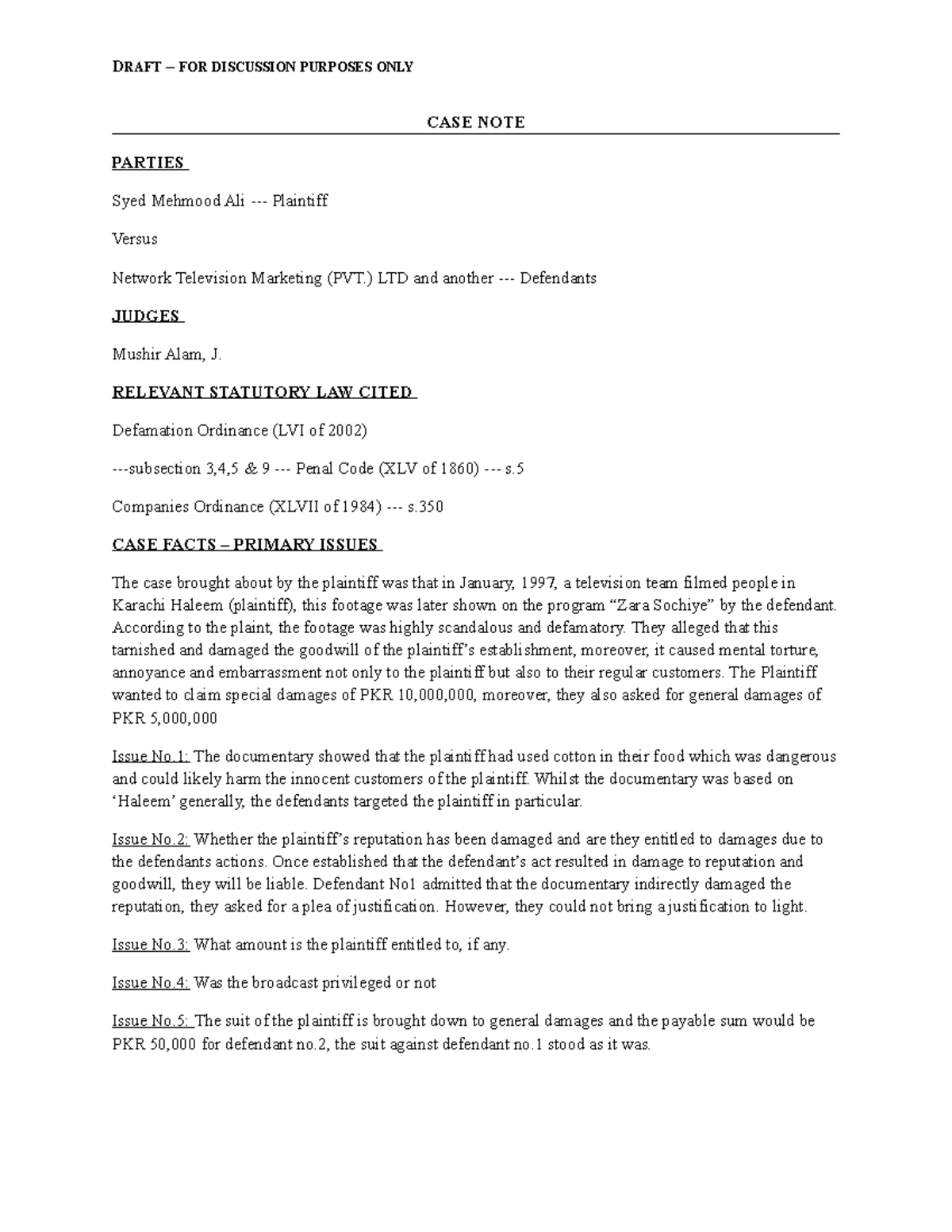 CASE NOTE - Mehmood v NTM - DRAFT – FOR DISCUSSION PURPOSES ONLY CASE ...