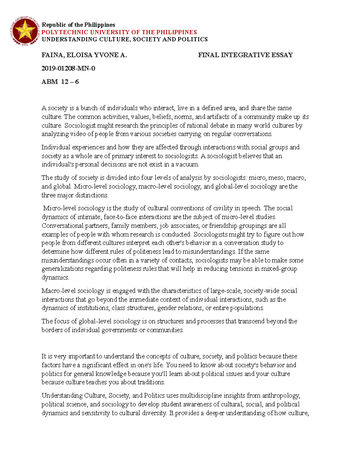 Integrative Essay - 123 - Republic of the Philippines POLYTECHNIC ...