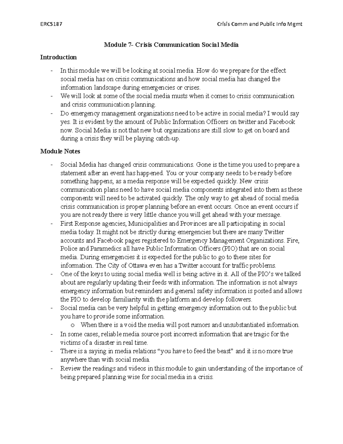 Module 7- Crisis Communication Social Media - ERC5187 Crisis Comm and ...