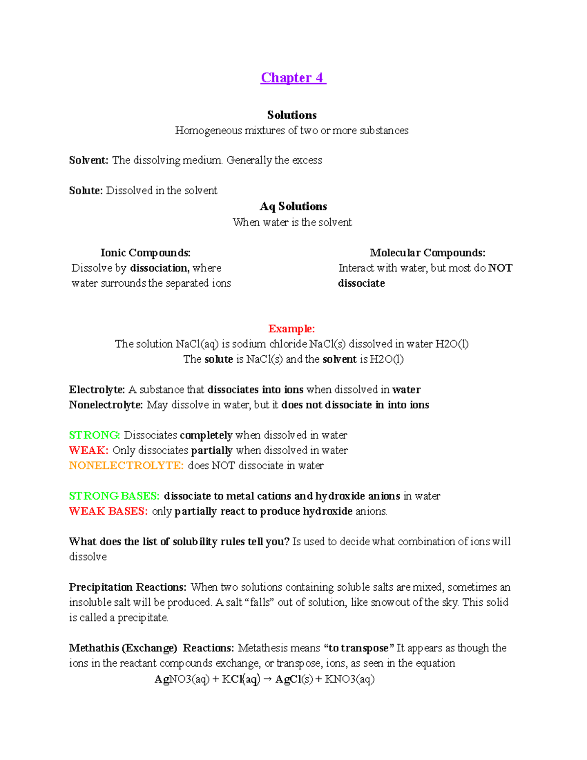 Chapter 4 Chem Study Guide - Chapter 4 Solutions Homogeneous mixtures ...