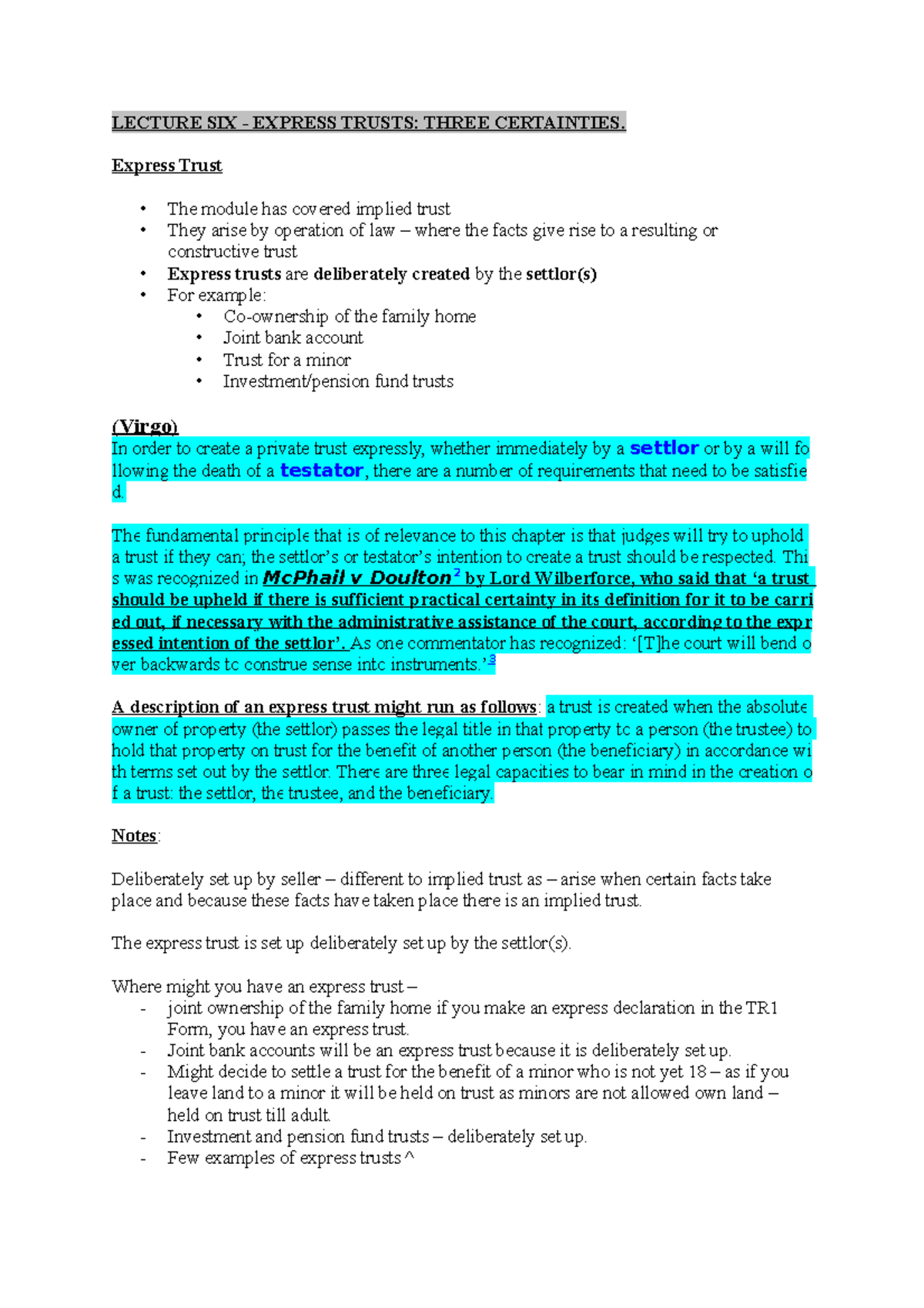 Equity and trusts - LECTURE SIX - EXPRESS TRUSTS: THREE CERTAINTIES. Express Trust The module ...