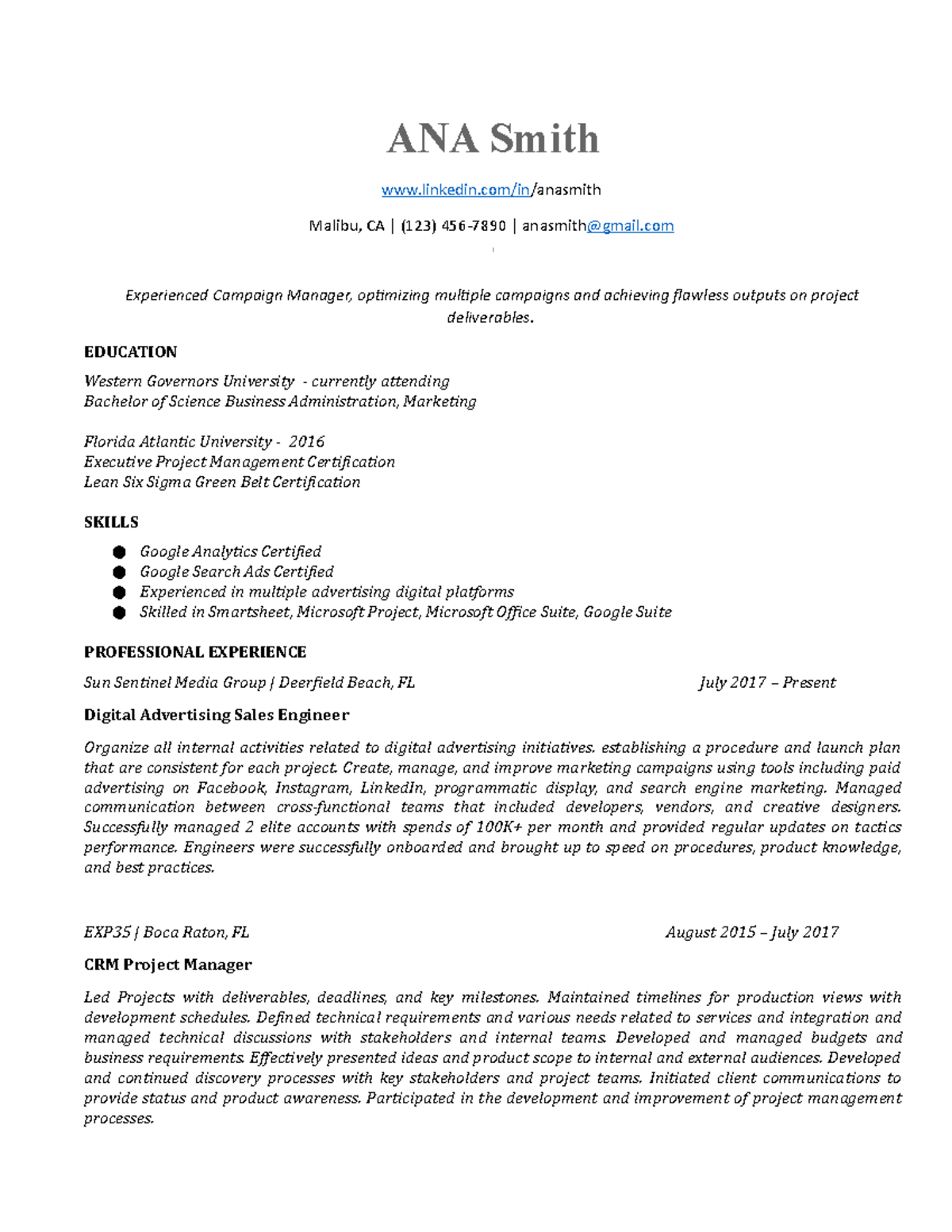 Business Communication - C716 - TASK 2 Resume - ANA Smith linkedin/in ...