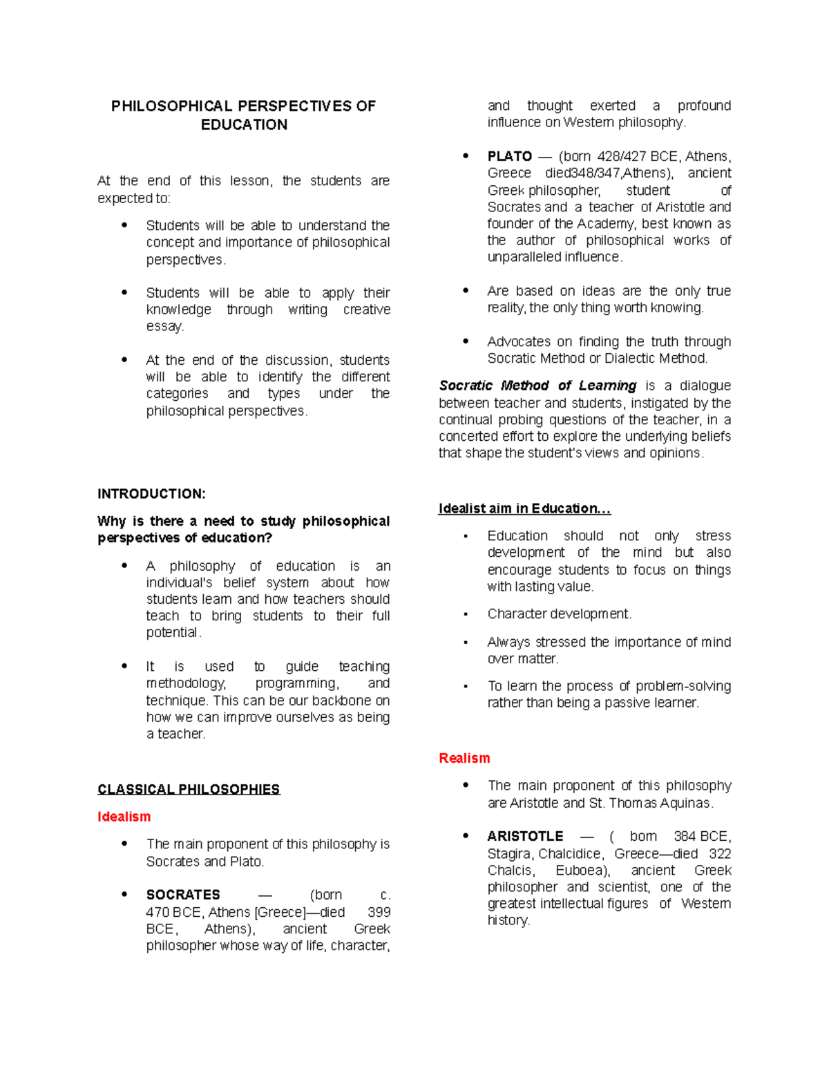 Report - Perspectives in Education - PHILOSOPHICAL PERSPECTIVES OF ...