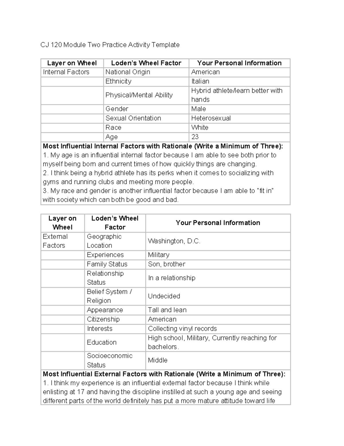 CJ 120- Mod 2 - CJ 120 Module Two Practice Activity Template Layer on Wheel Loden’s Wheel Factor ...