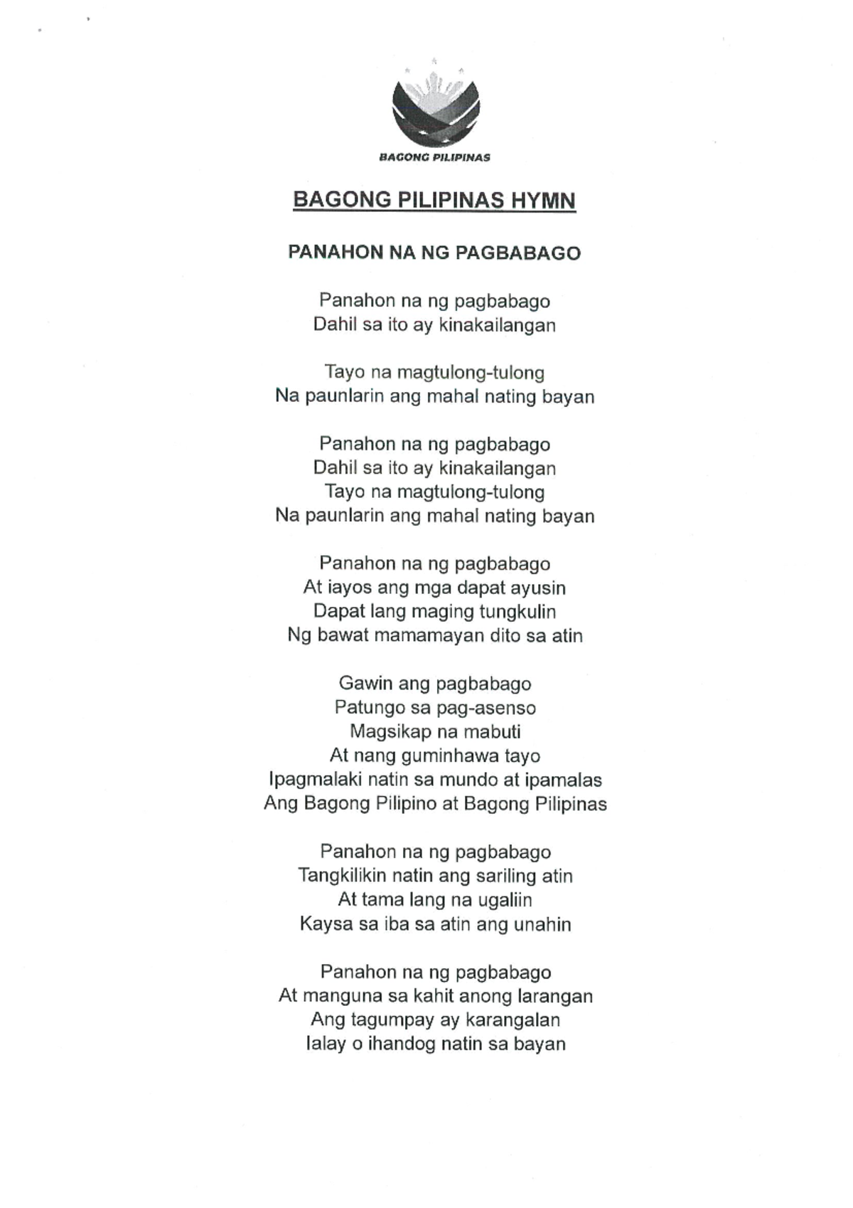 Bagong Pilipinas Hymn - BACONG PILIPINAS BAGONG PILIPINAS HYMN PANAHON NA NG PAGBABAGO Panahon ...