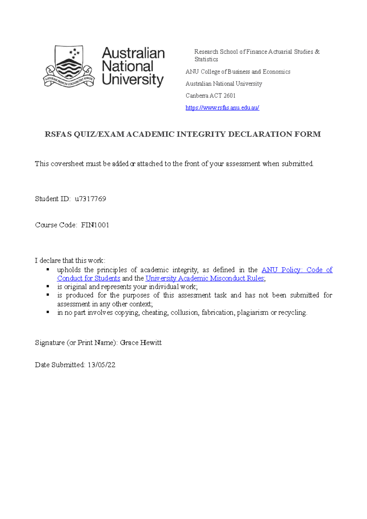 Quiz-Exam Declaration Form - Research School of Finance Actuarial ...