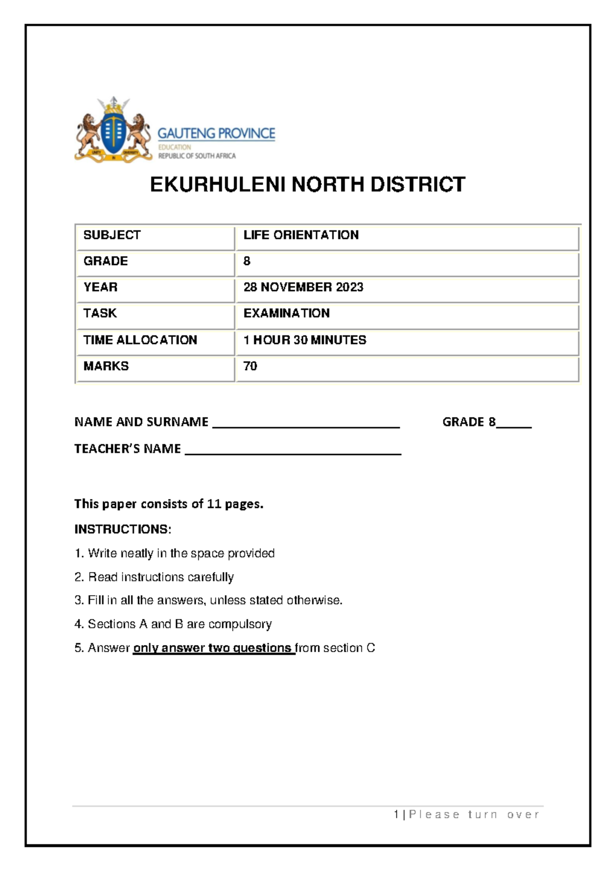 Grade 8 LO NOV Paper 2023 Final - EKURHULENI NORTH DISTRICT SUBJECT ...