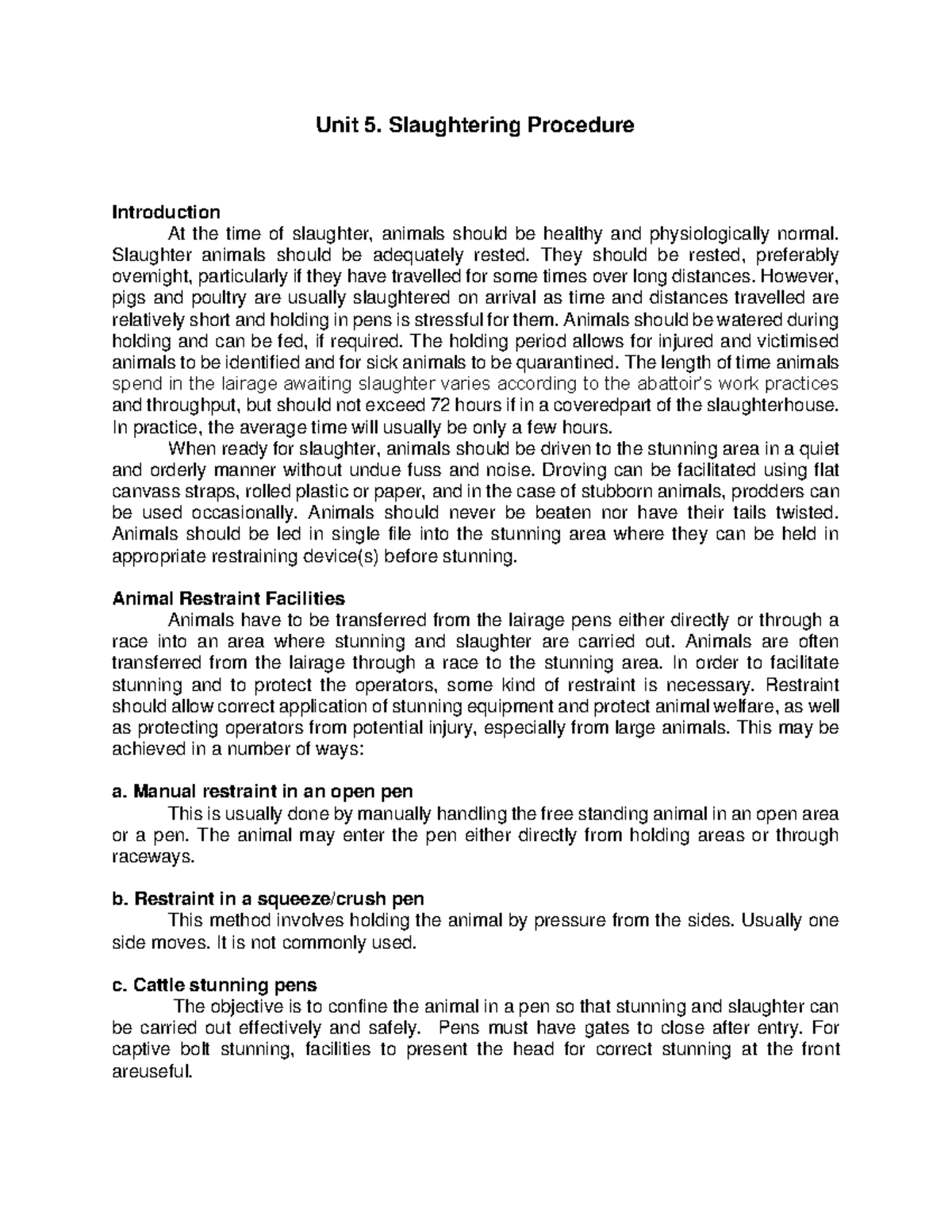 Modules IN Final TERM - SLAUGHTERHOUSE - Unit 5. Slaughtering Procedure ...