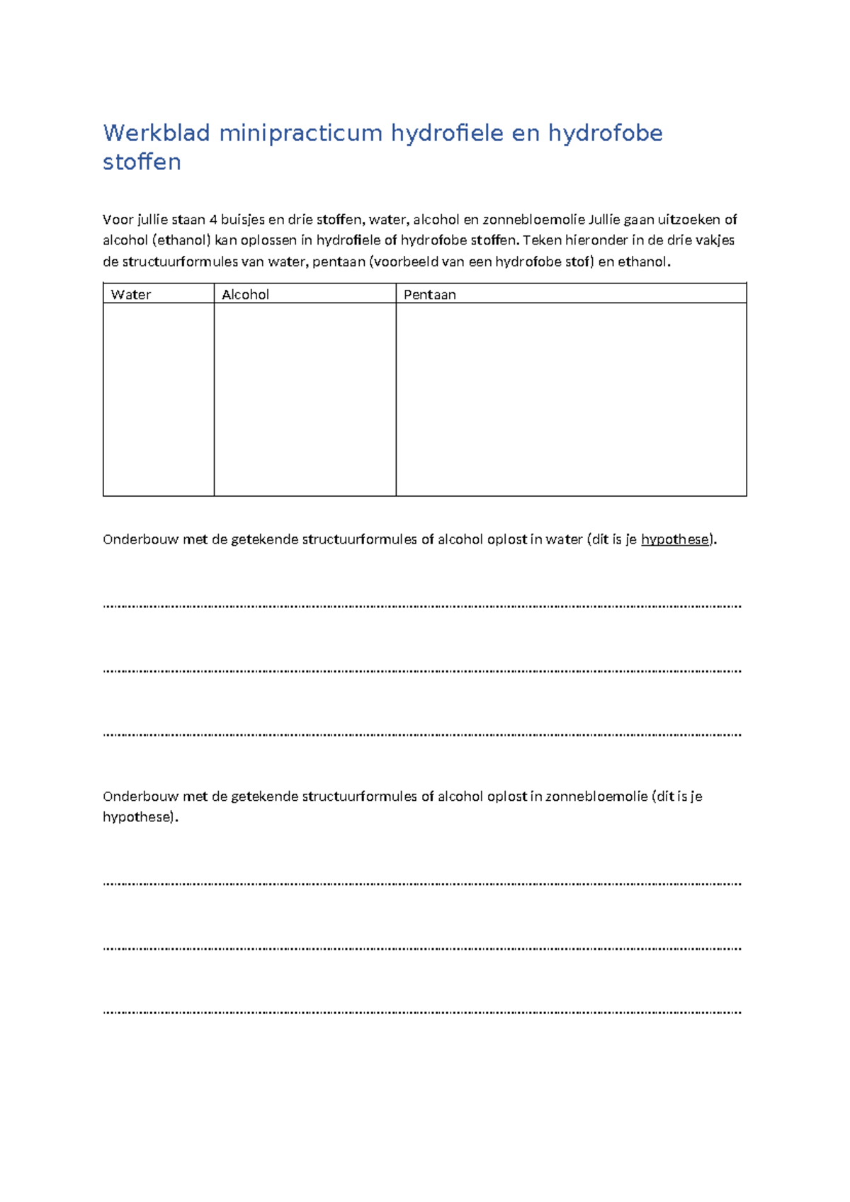 Werkblad minipracticum hydrofiele en hydrofobe stoffen - Werkblad ...