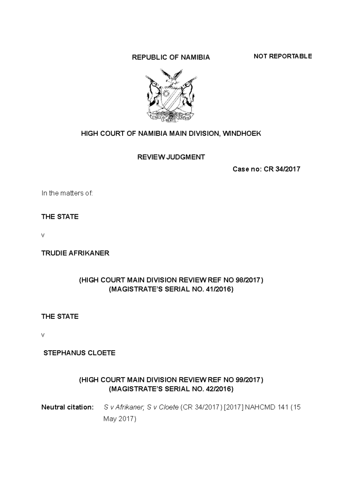 S v Afrikaner - work - REPUBLIC OF NAMIBIA HIGH COURT OF NAMIBIA MAIN ...