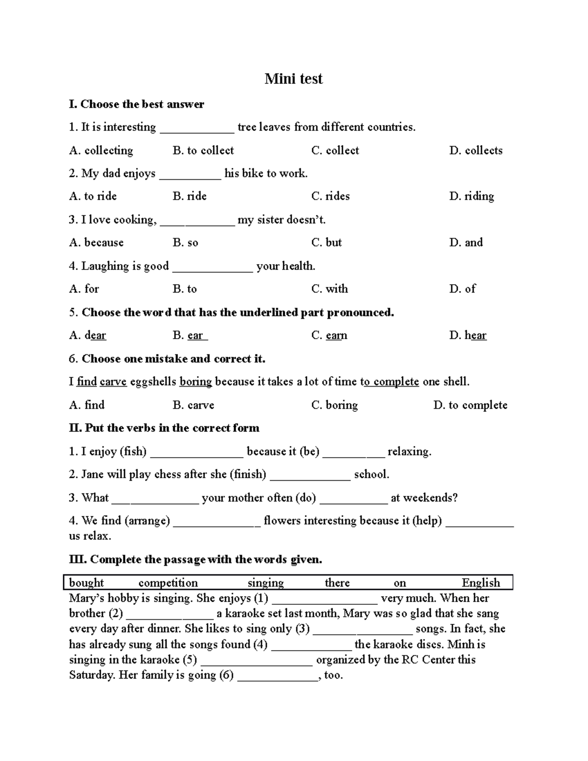 Mini test - Improve level of students - Mini test I. Choose the best ...