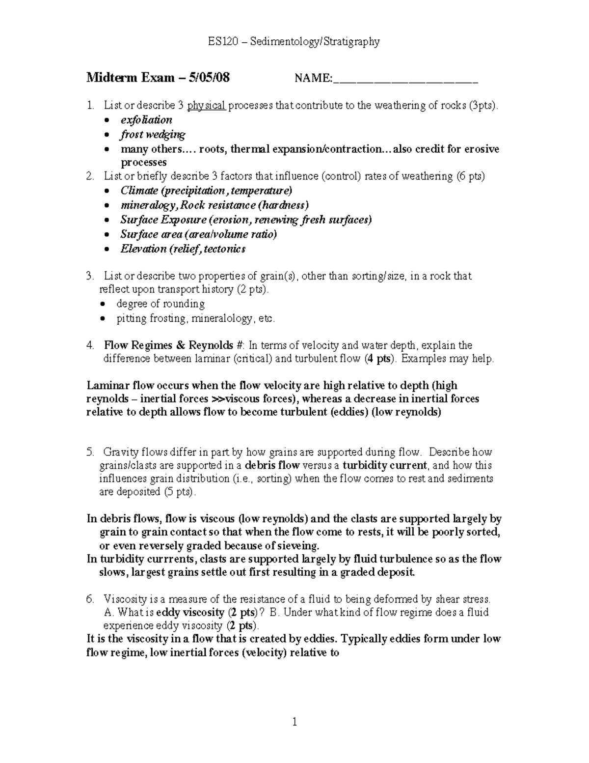 Midterm exam 15 July, questions - ES120 – Sedimentology/Stratigraphy ...
