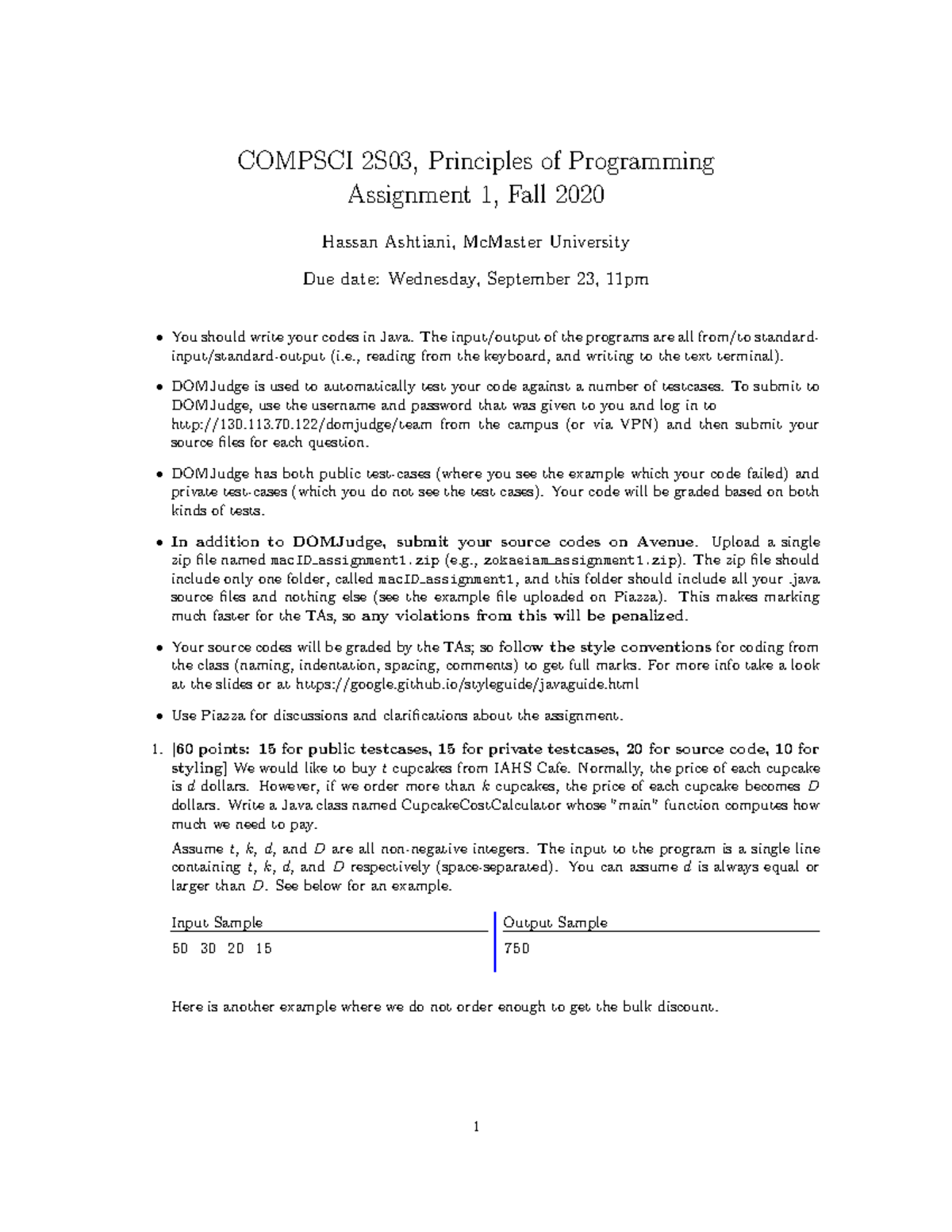 CS 2S03 Assignment 1 - Intro to Java Programming - COMPSCI 2S03 ...