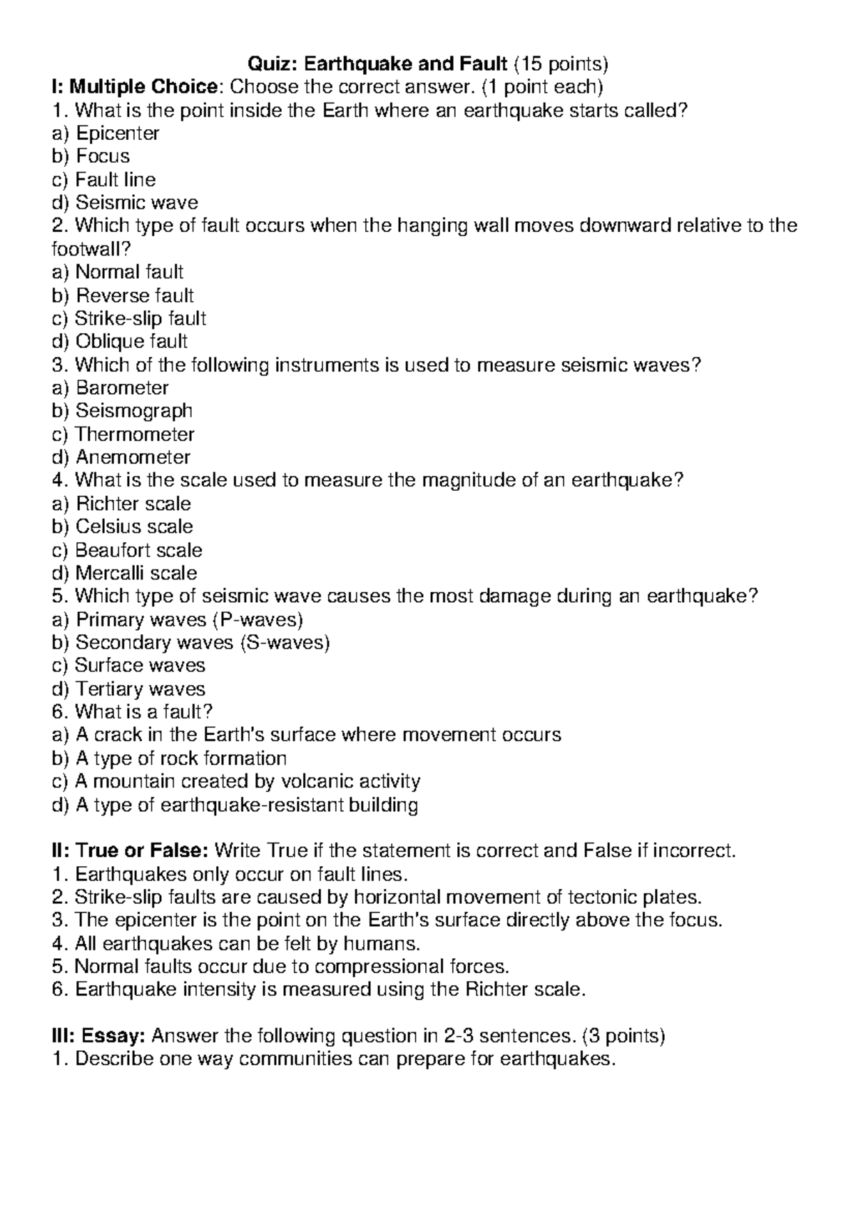 Quiz Eathquake and Fault G8 - Quiz: Earthquake and Fault (15 points) I ...