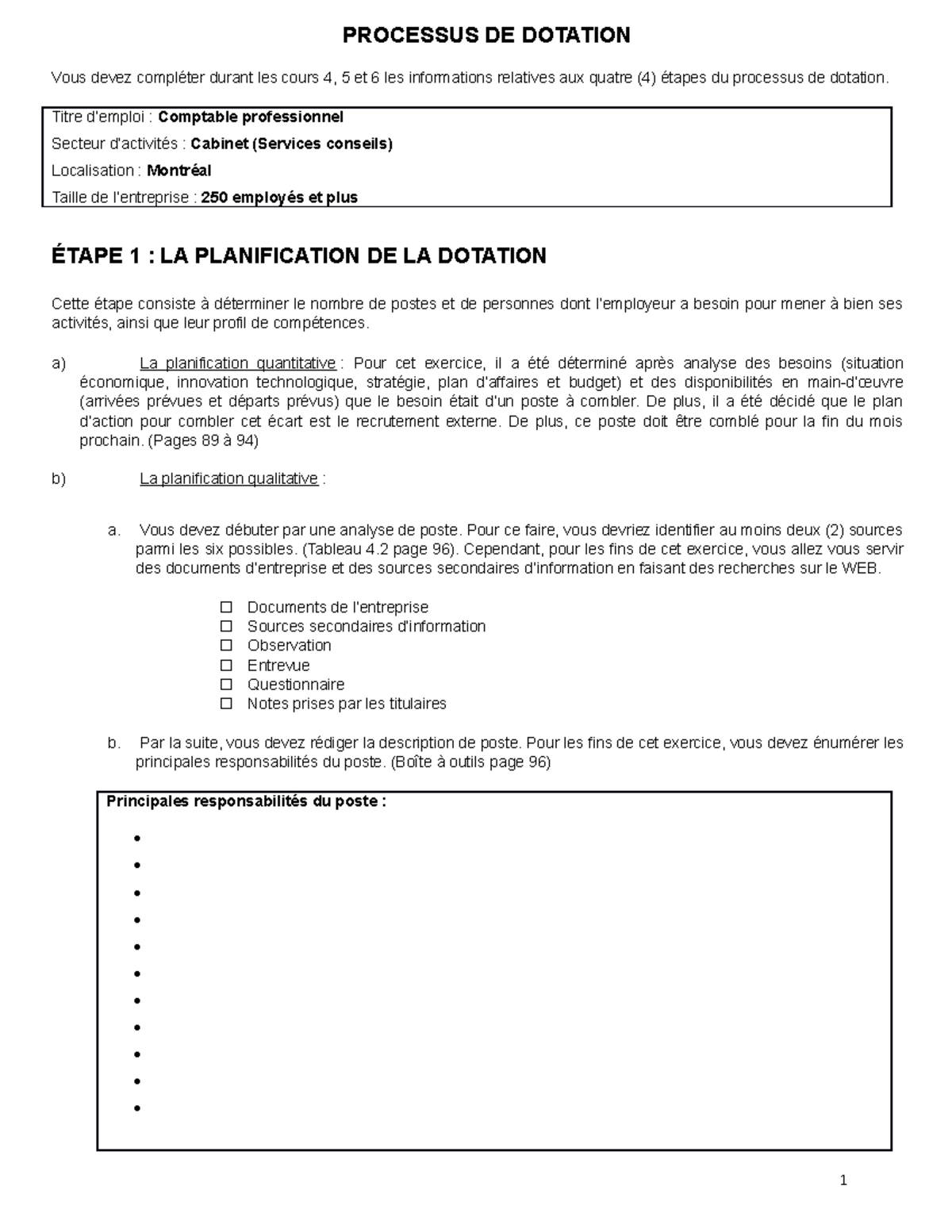 Exercice Processus DE Dotation Étape 1 - H2022 - PROCESSUS DE DOTATION ...