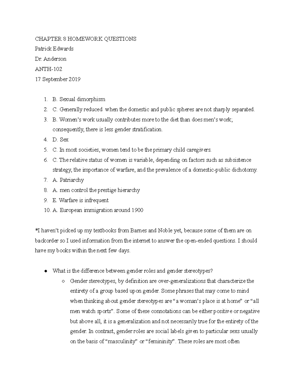 Chapter 8 Homework Questions-Cultural Anthropology- 9 17 19 - CHAPTER 8 ...