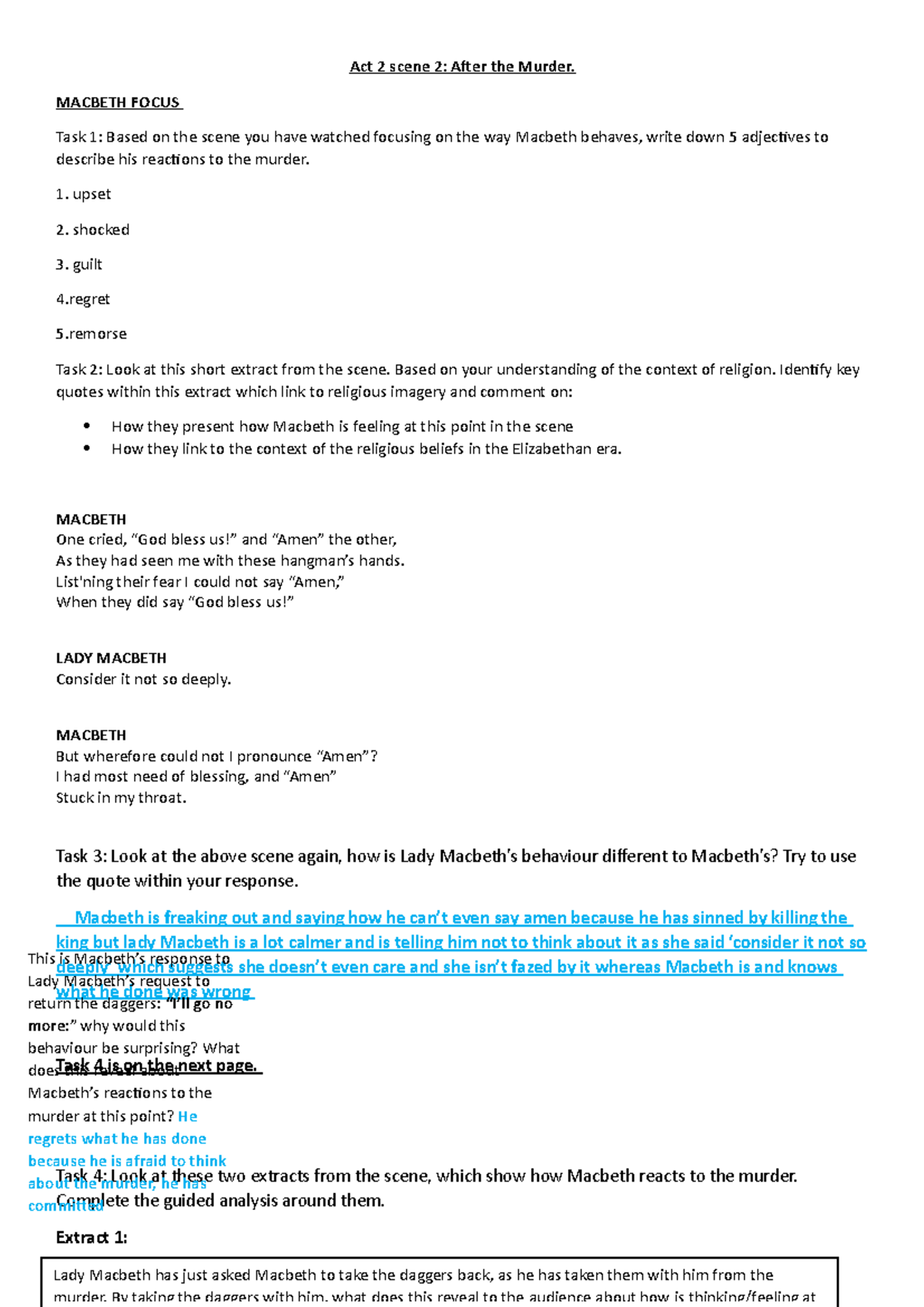 10y2 Macbeth's reactions sheet 2 ~katie - Act 2 scene 2: After the ...