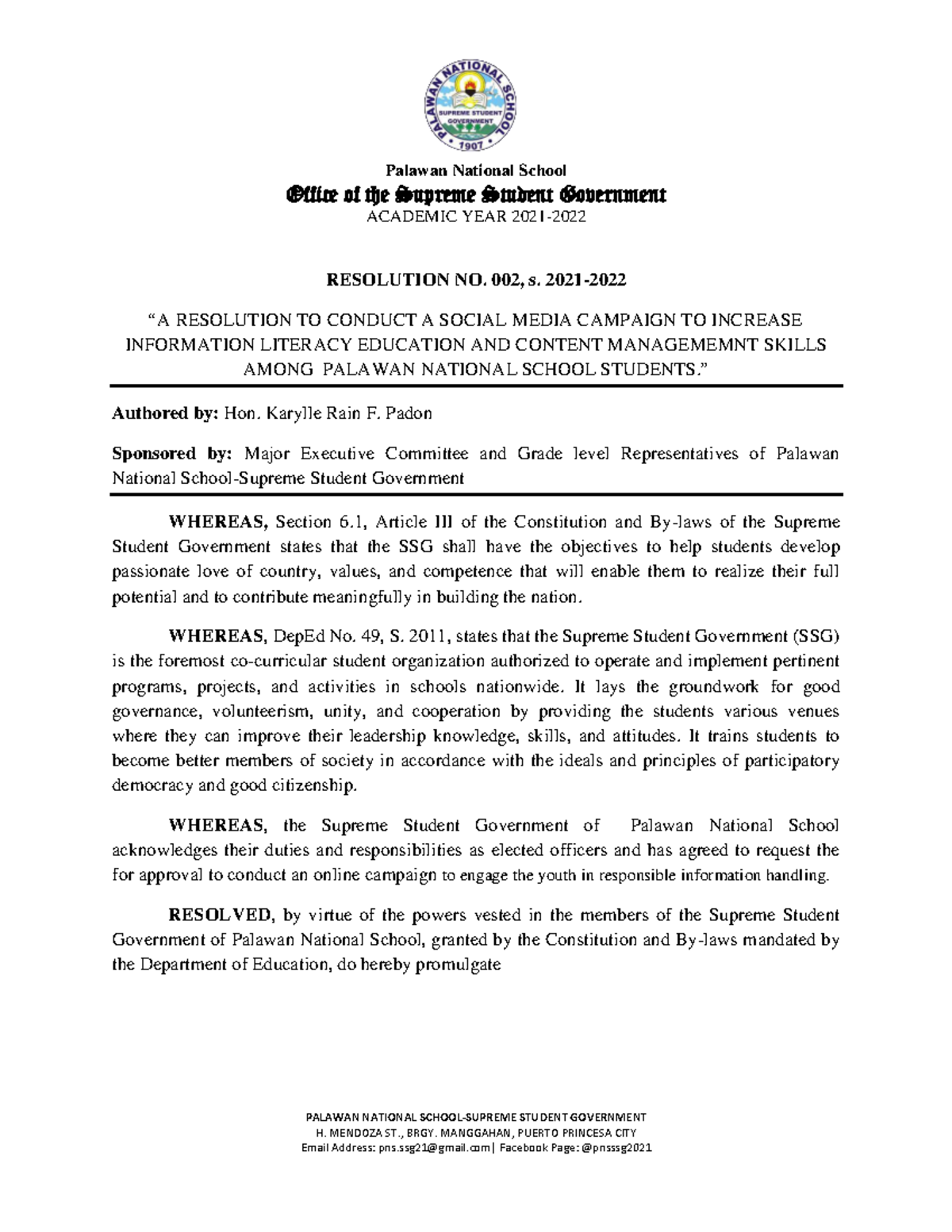 SSG Resolution No. 002 Final - Office of the Supreme Student Government ...