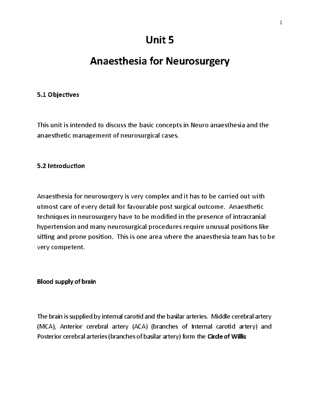 Unit 5 - Anaesthesia for neuro surgery - Unit 5 Anaesthesia for ...