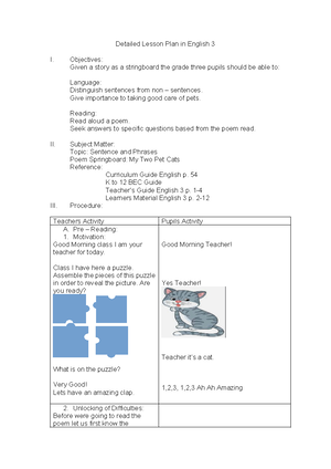 Lesson PLAN Grade IV Reality AND Fantasy - Lesson Plan English 4 I ...