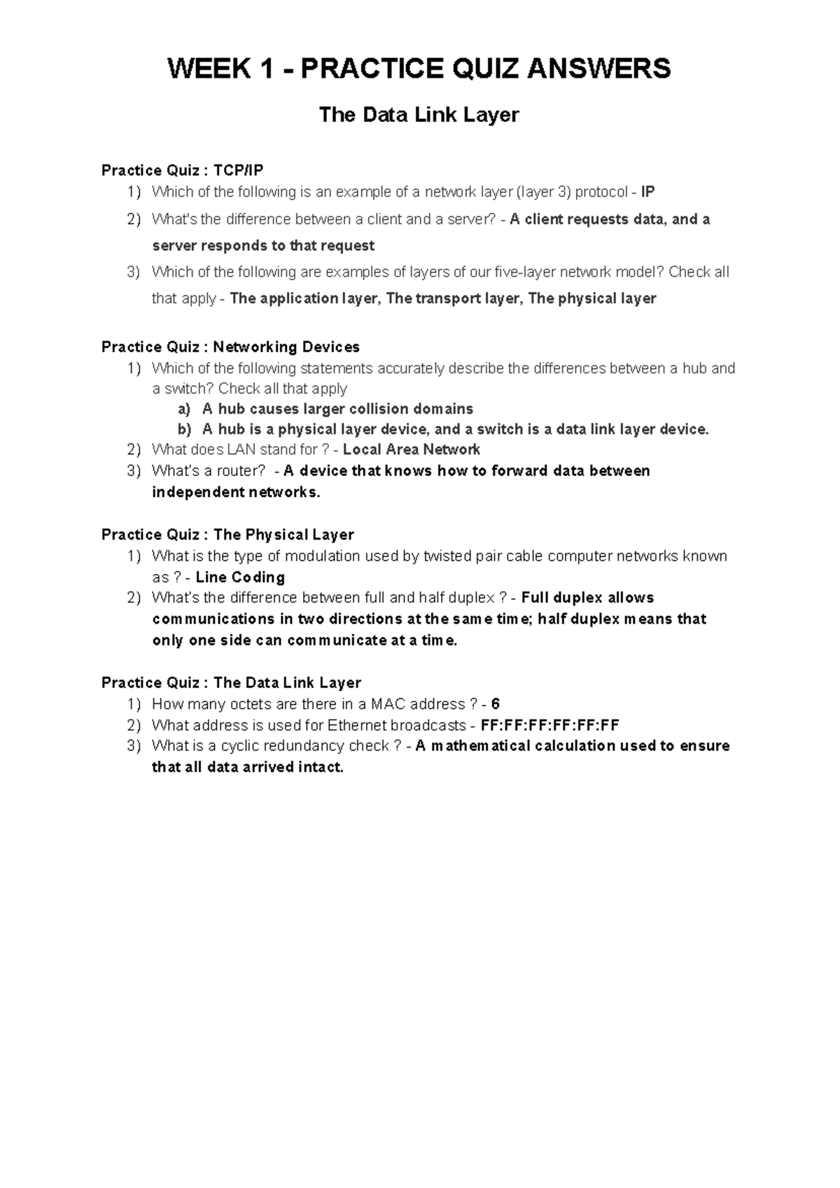 Week 1 - Practice Quiz Answers - WEEK 1 - PRACTICE QUIZ ANSWERS The Data Link Layer Practice ...