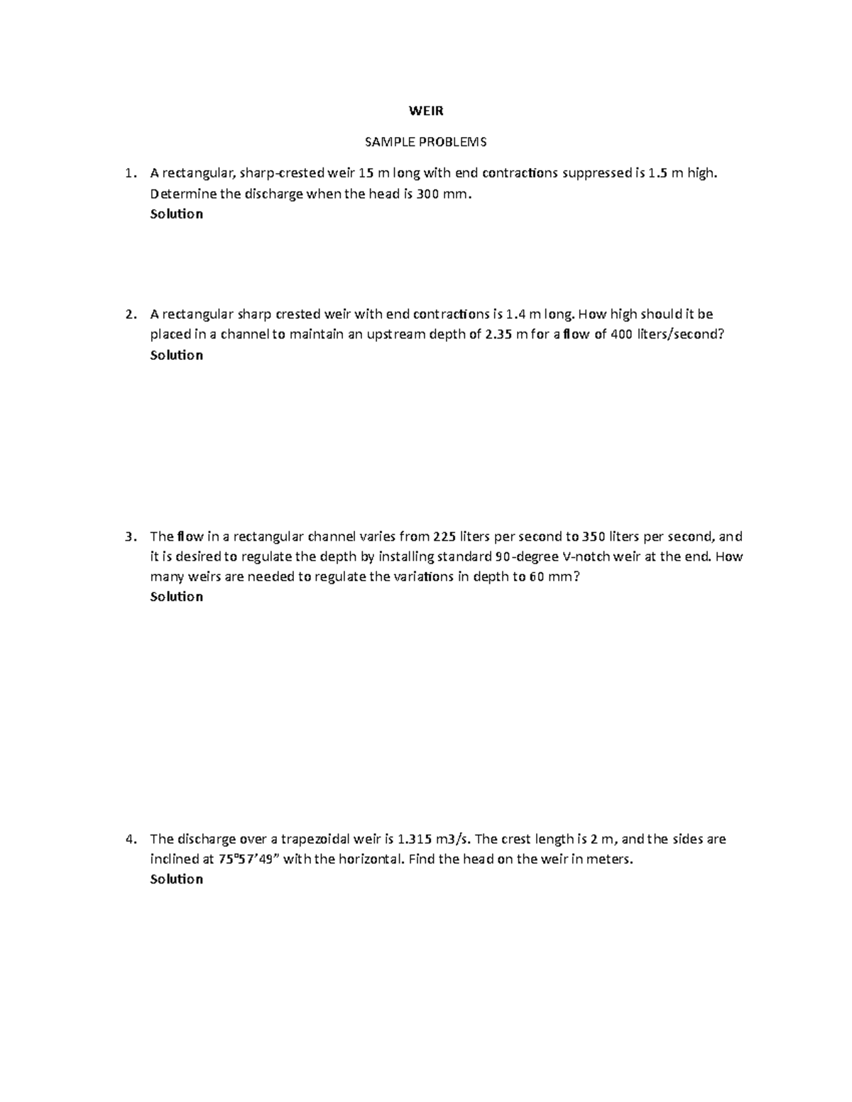 WEIR Practice Problems - WEIR SAMPLE PROBLEMS A rectangular, sharp ...