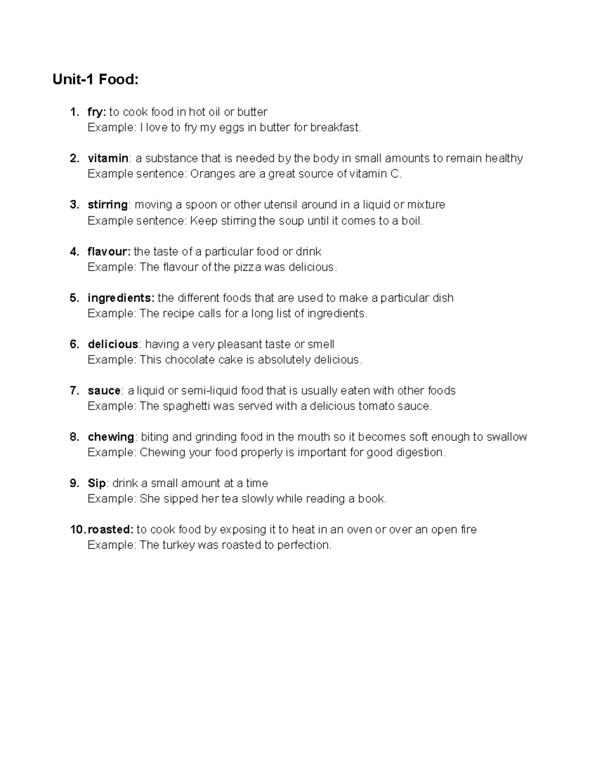 English Vocabulary Sem2 - Unit-1 Food: fry: to cook food in hot oil or ...