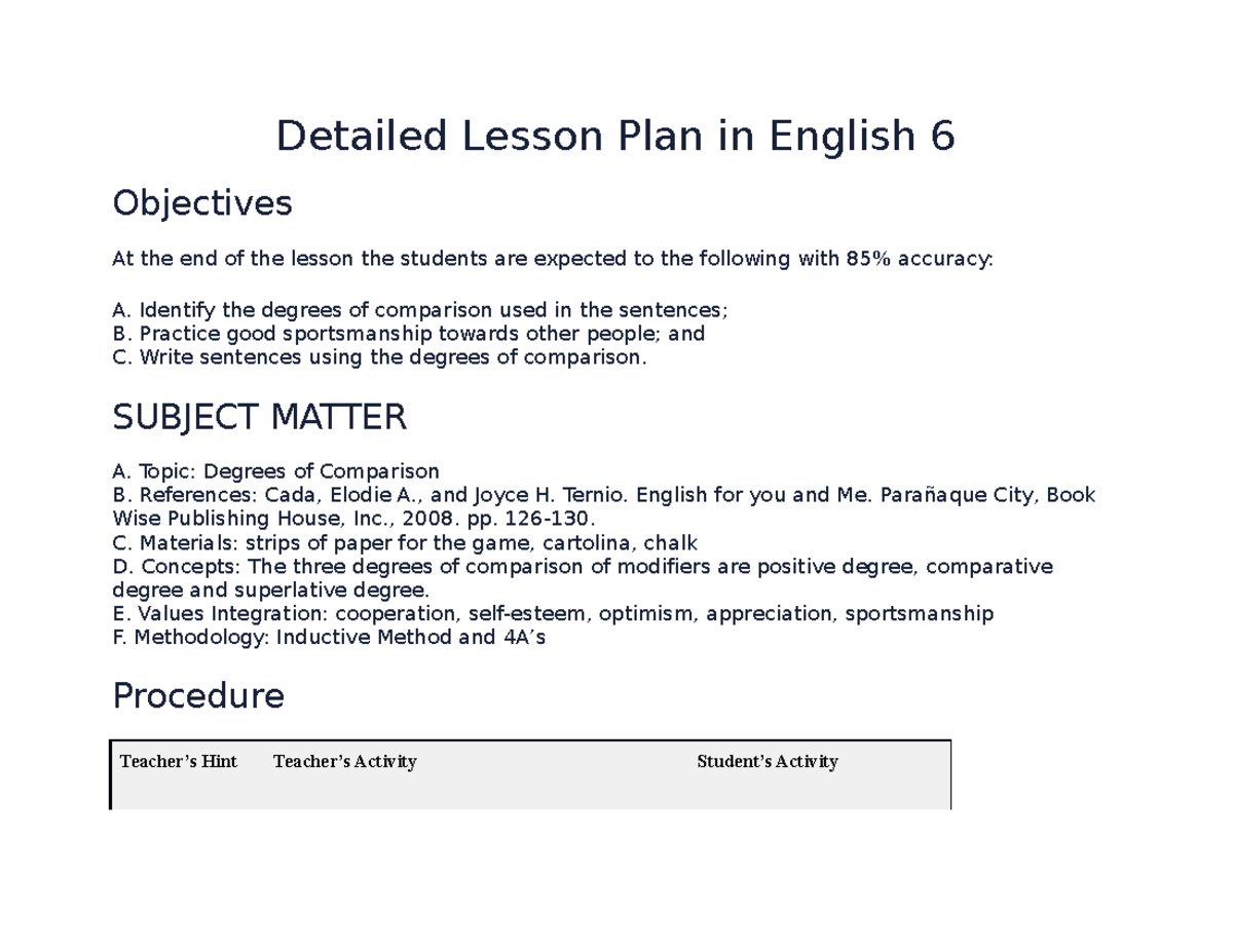 Example DLP - study hard - Detailed Lesson Plan in English 6 Objectives ...