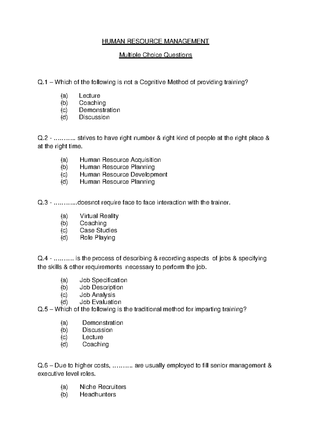 Qb bba3 paper 11 2012 - HUMAN RESOURCE MANAGEMENT Multiple Choice ...