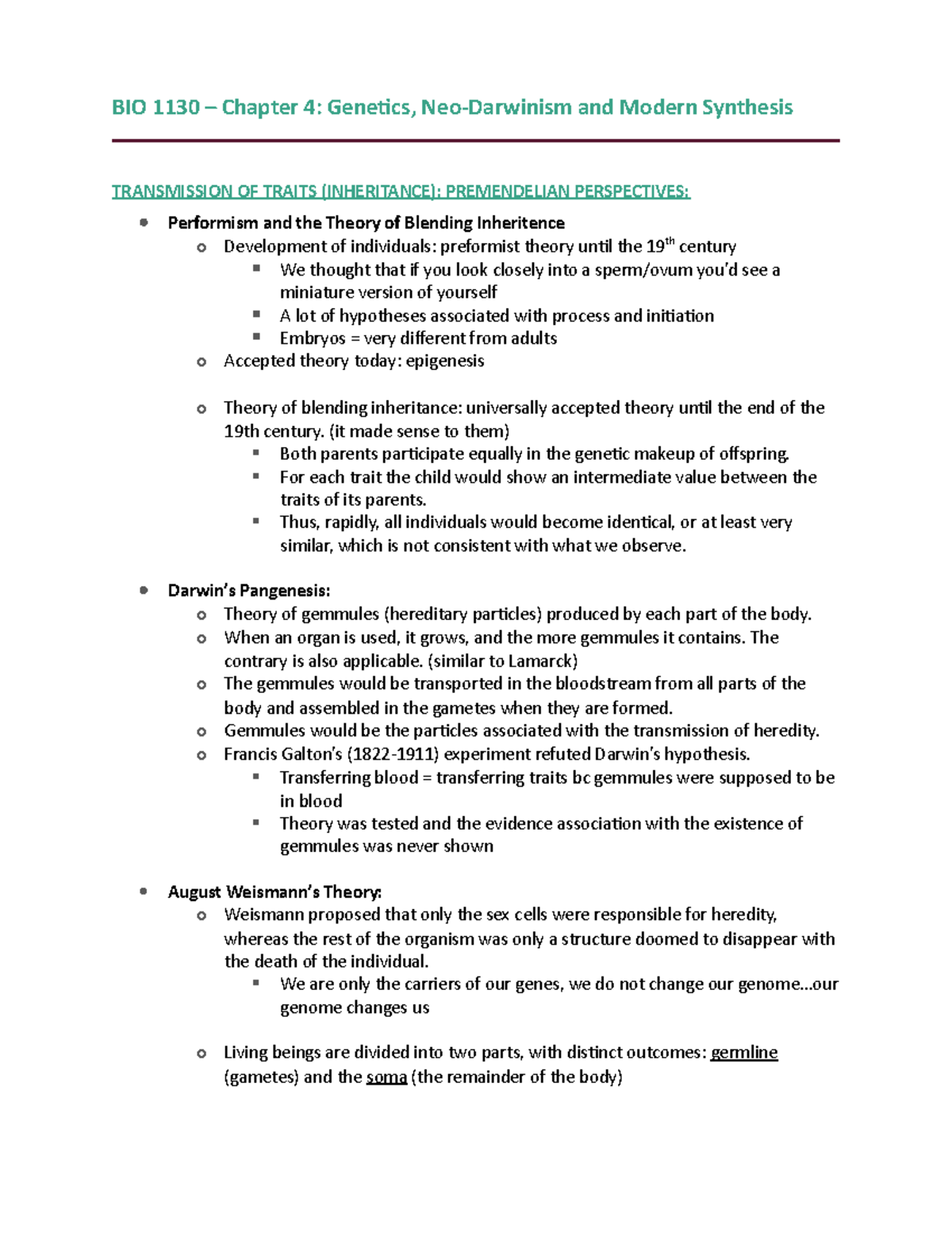 BIO 1130 - Chapter 4 - BIO 1130 – Chapter 4: Genetics, Neo-Darwinism ...