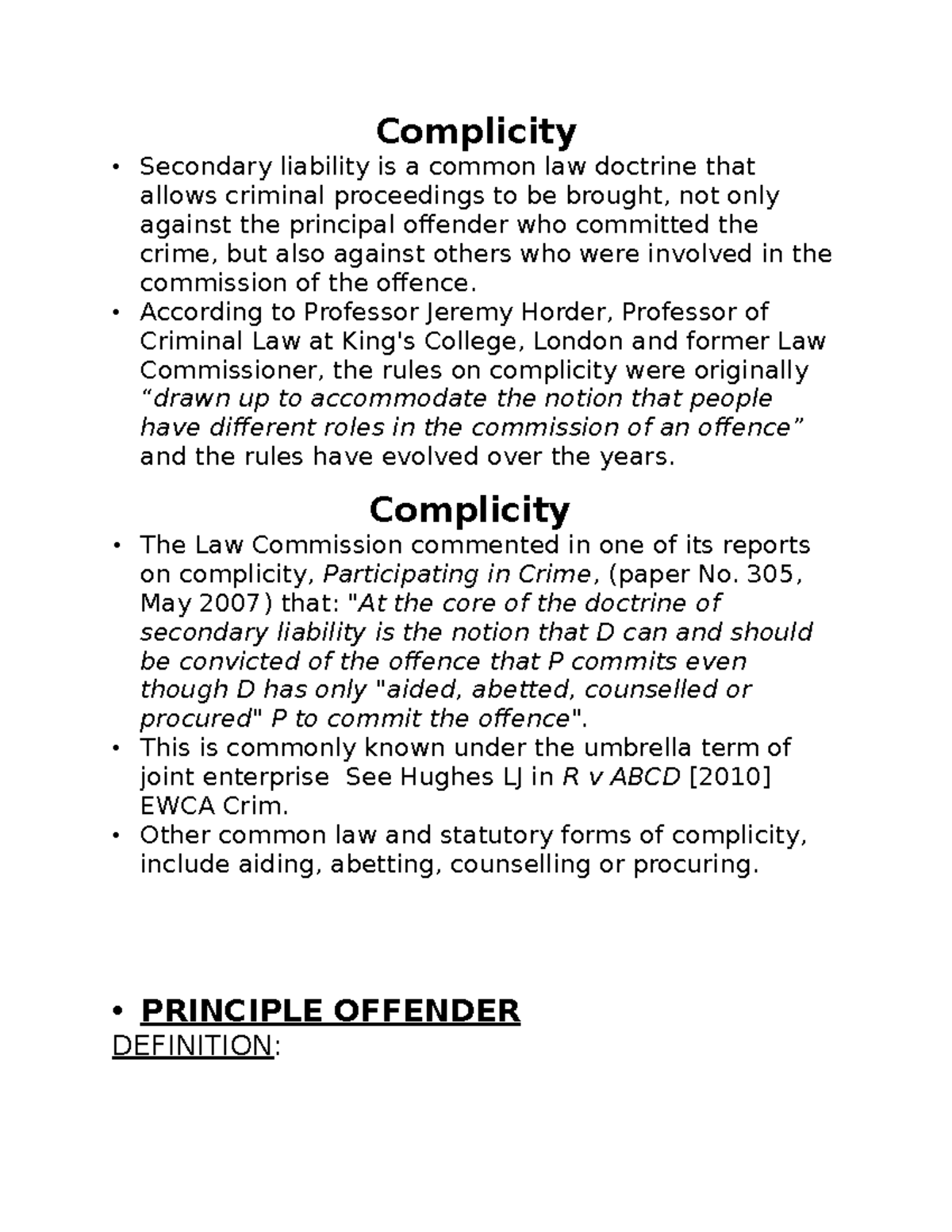 Parties to a crime part 1 - Complicity Secondary liability is a common ...