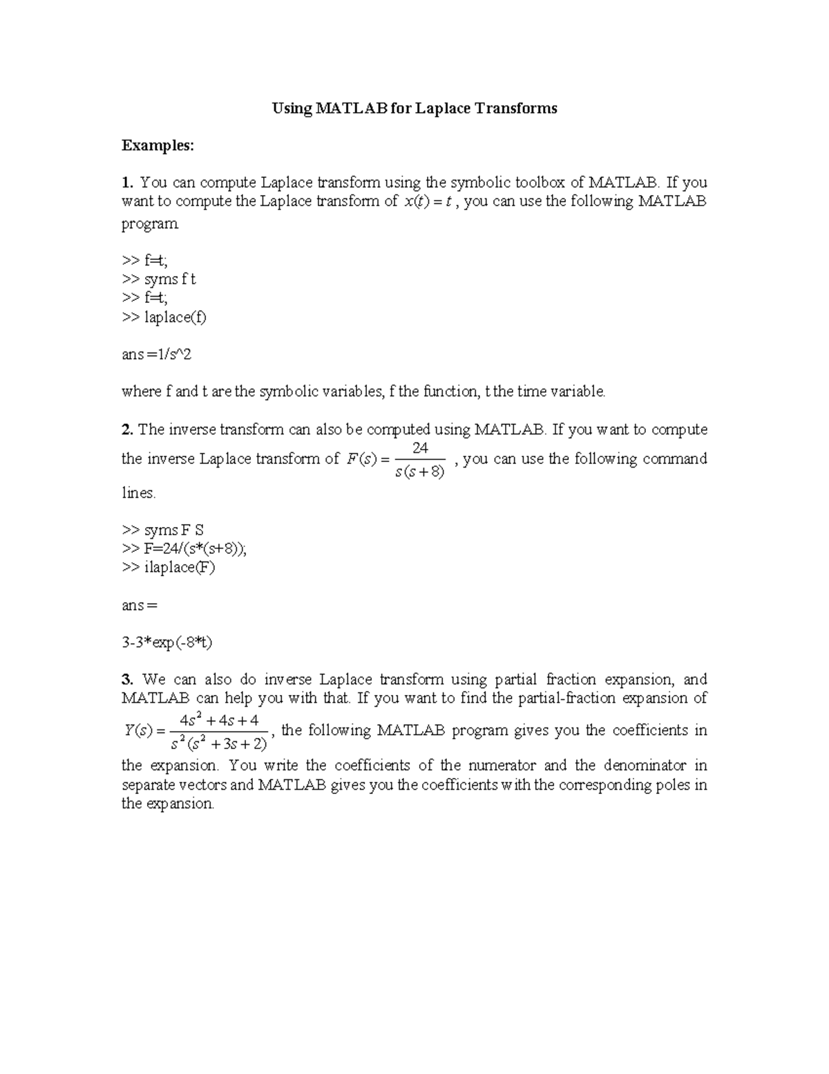 LT matlab - re4t34t - Using MATLAB for Laplace Transforms Examples: You ...