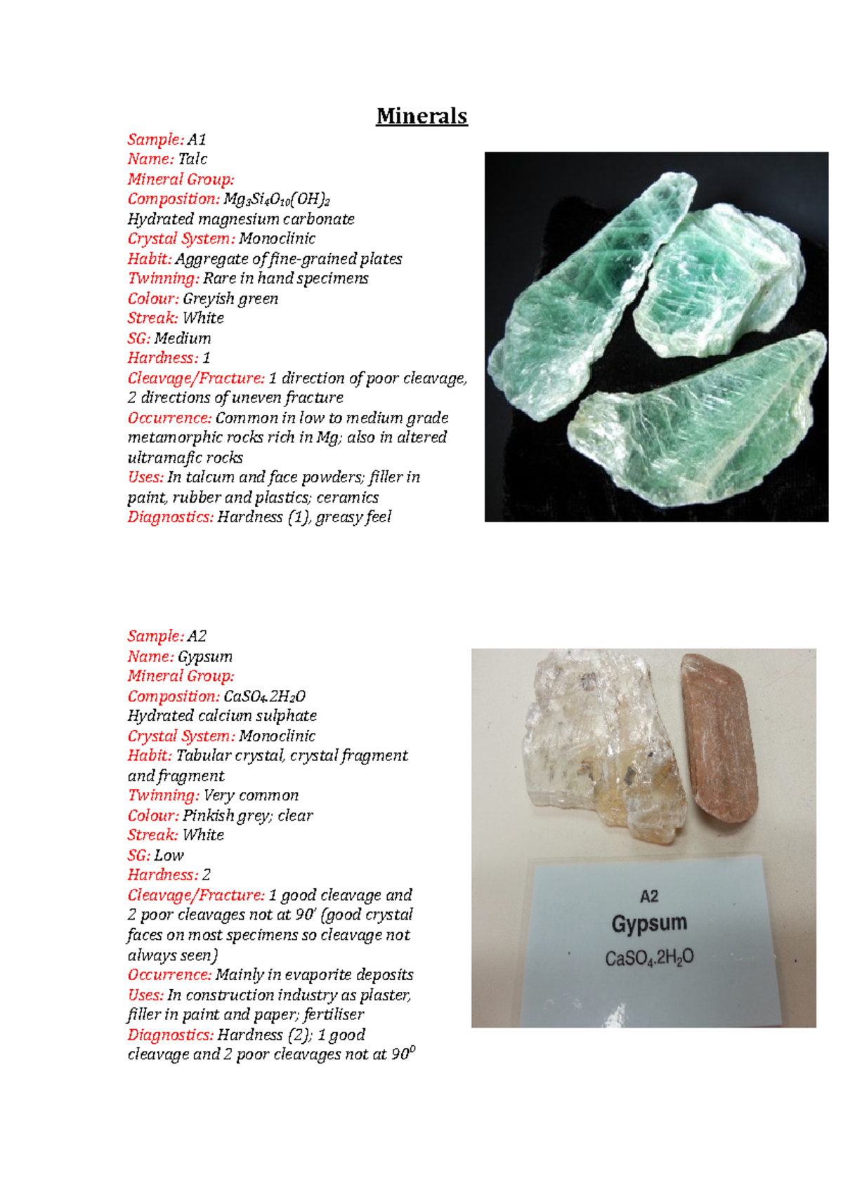 Minerals Info - Rock profiles for exam - Minerals Sample: A Name: Talc ...