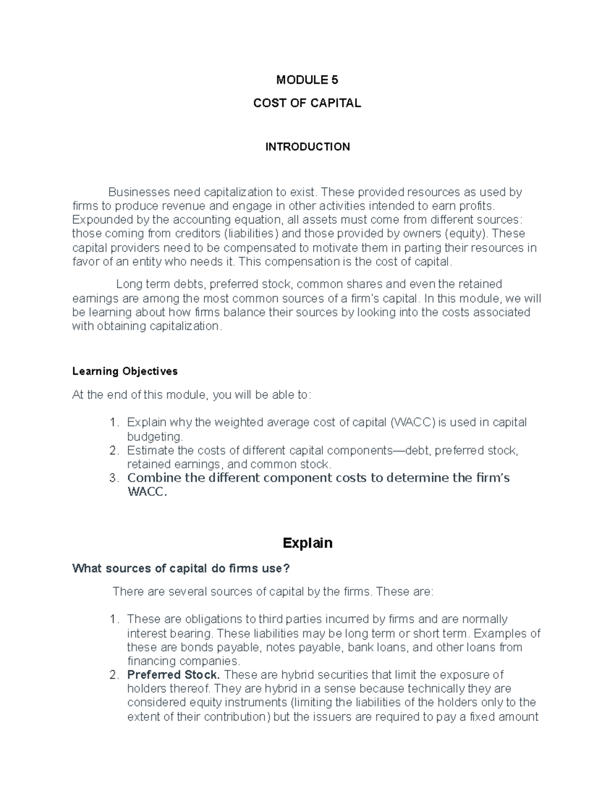 Cost of Capital - MODULE 5 COST OF CAPITAL INTRODUCTION Businesses need ...