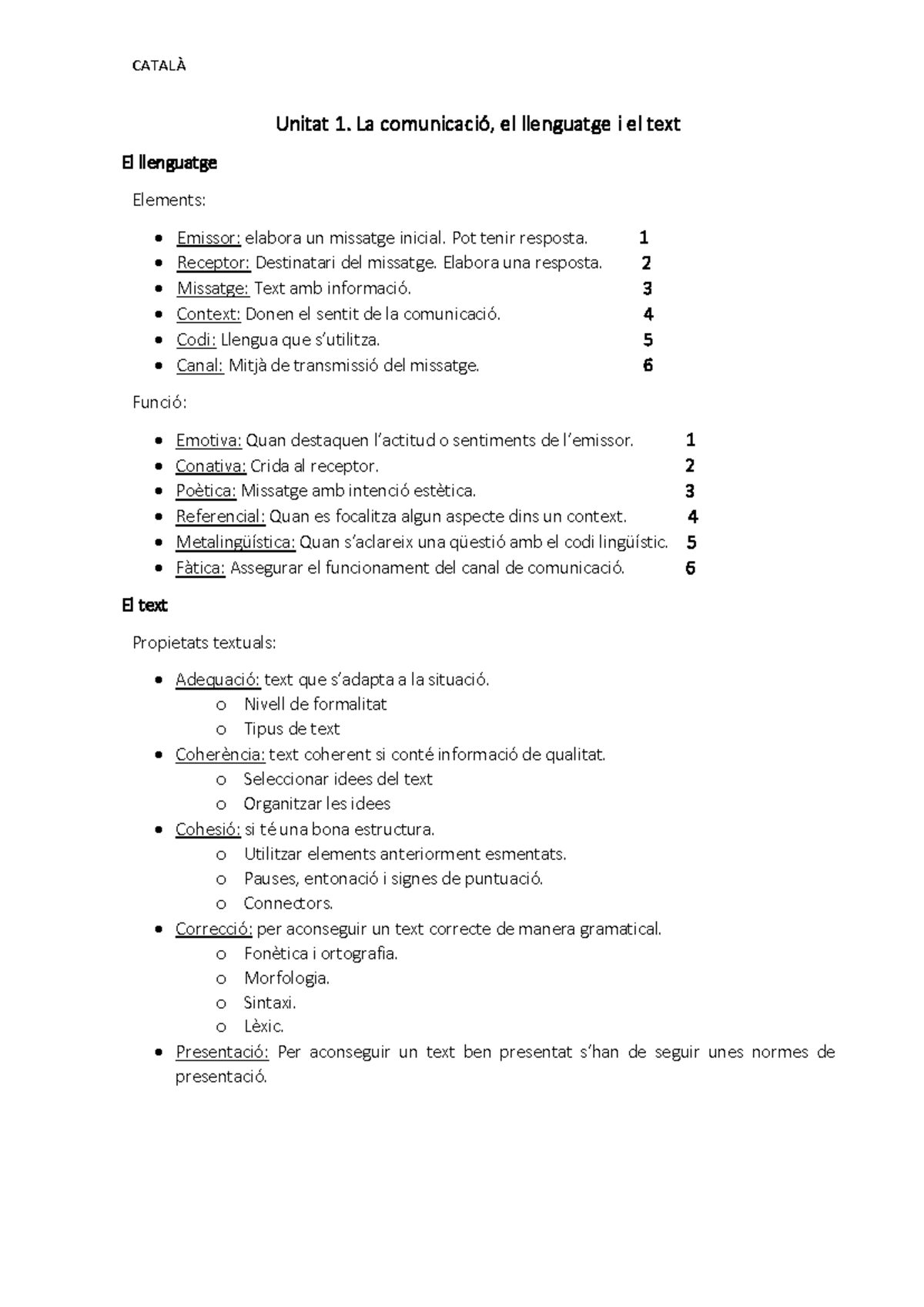 Català Primer de Batxillerat. Resum (1er Trimestre) - Warning: TT: undefined function: 32 Unitat ...