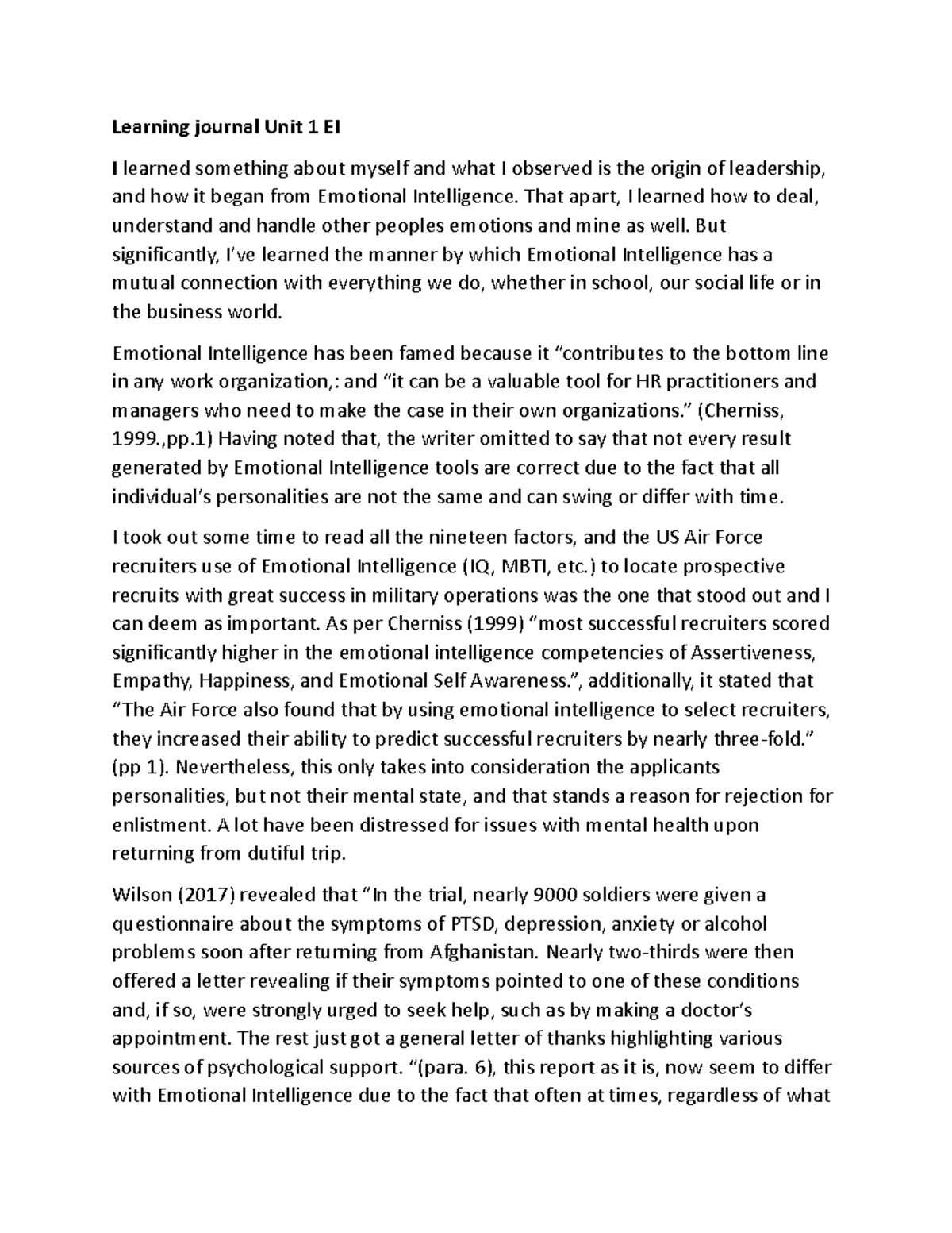 Learning journal Unit 1 Emotional Intellingence subm - Learning journal ...