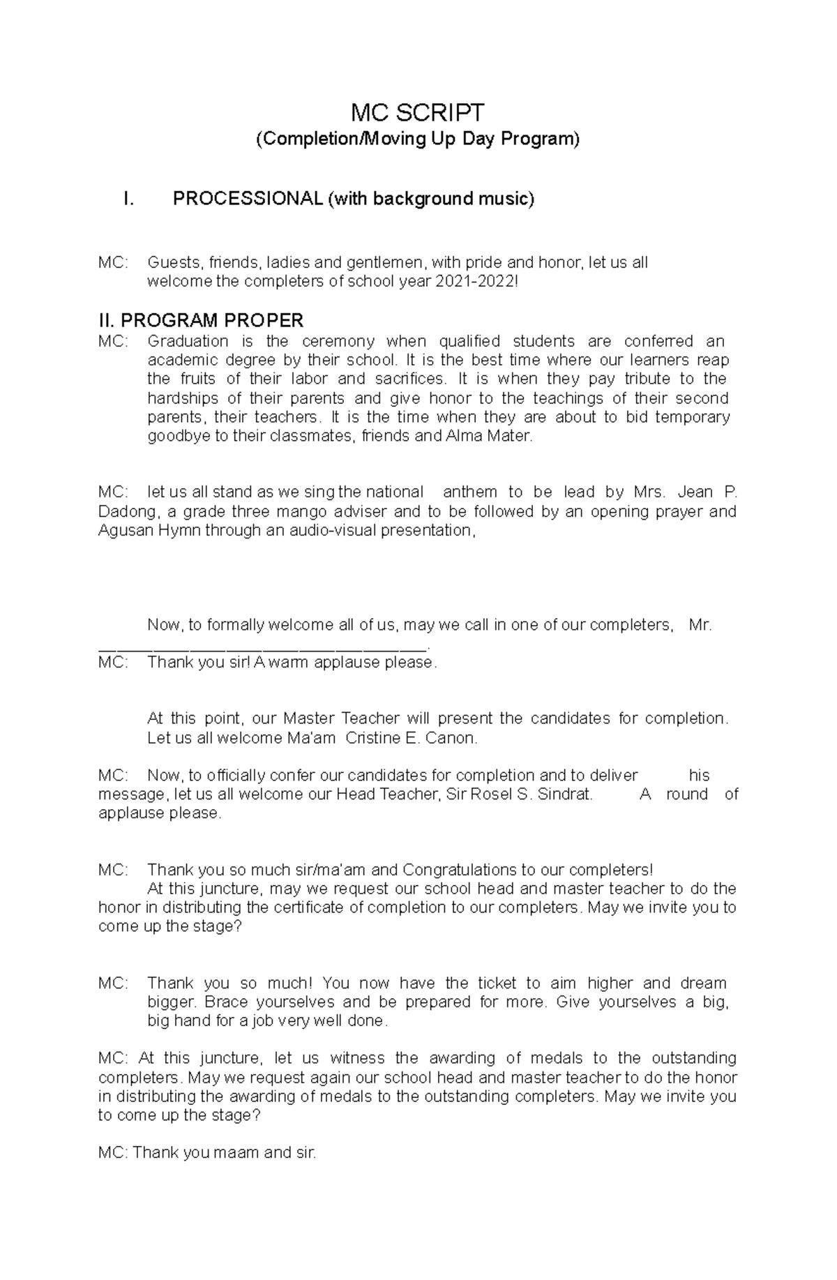 Carmen Su mao ni imong script - MC SCRIPT (Completion/Moving Up Day Program) I. PROCESSIONAL ...
