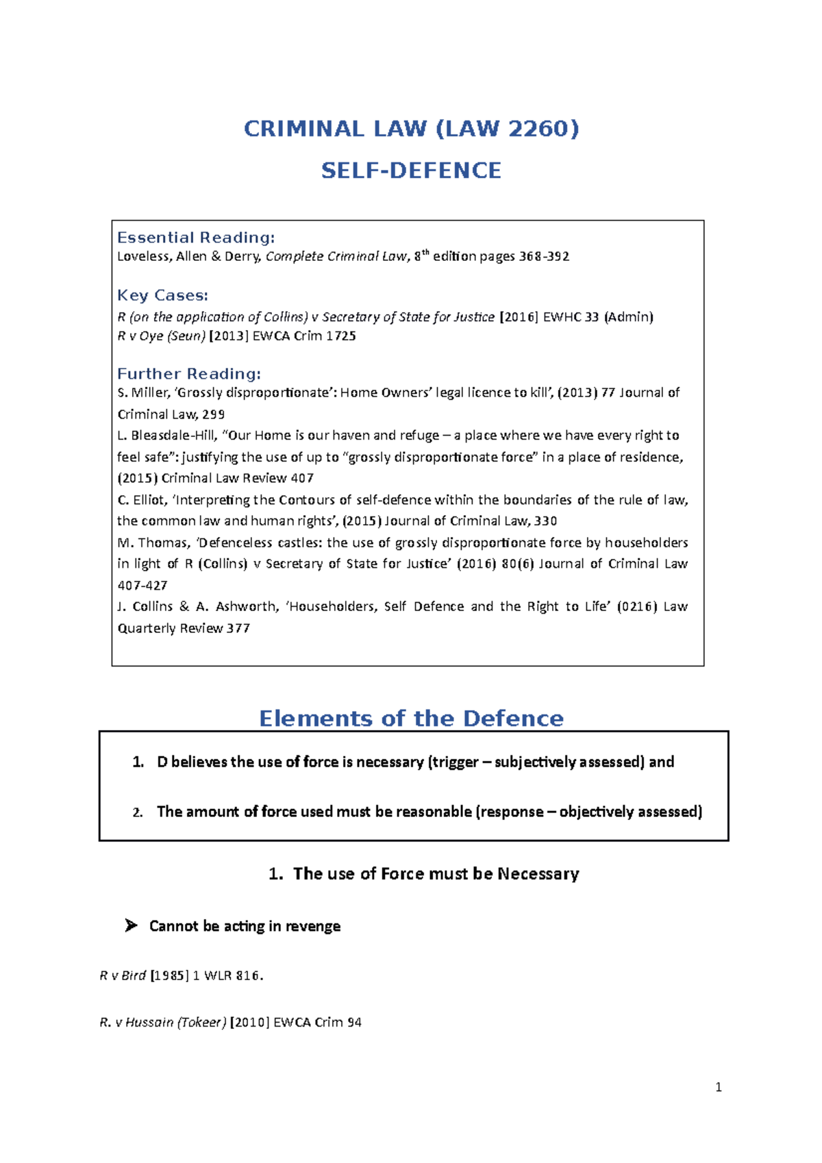 Self Defence Elements of the Defence 2022 - CRIMINAL LAW (LAW 2260 ...