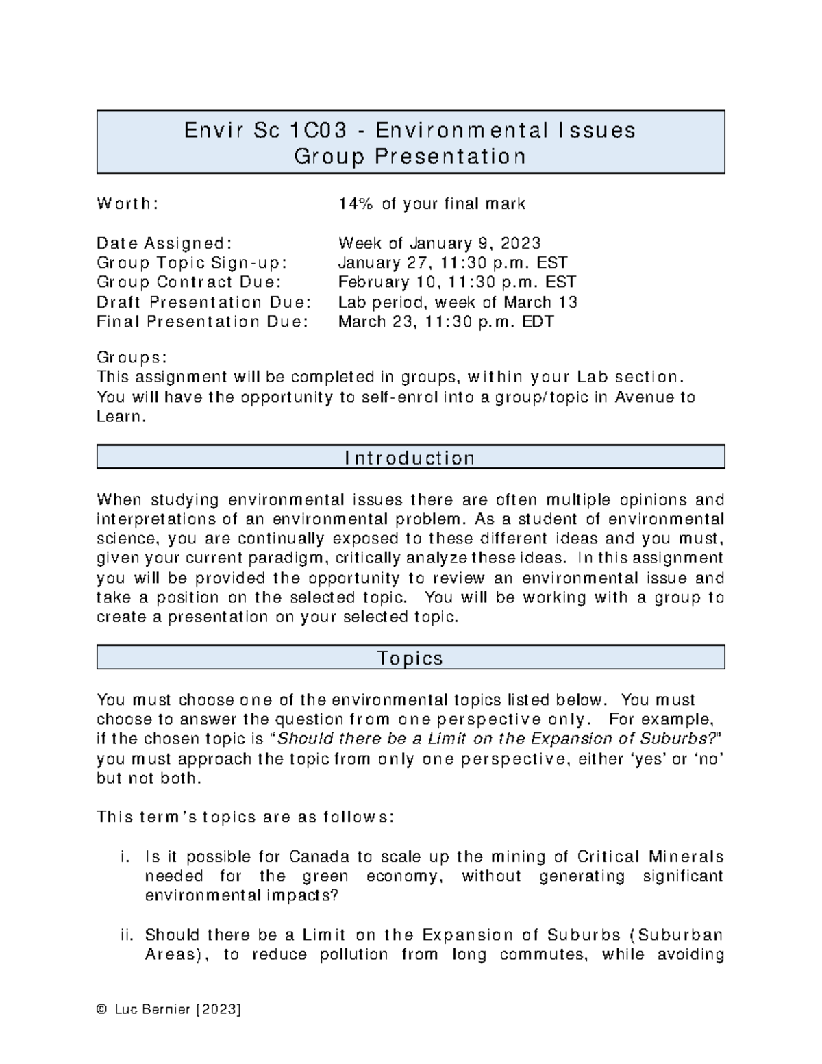 ES 1C03 - Winter 2023 - Environmental Issues Group Project v1 - Envir ...
