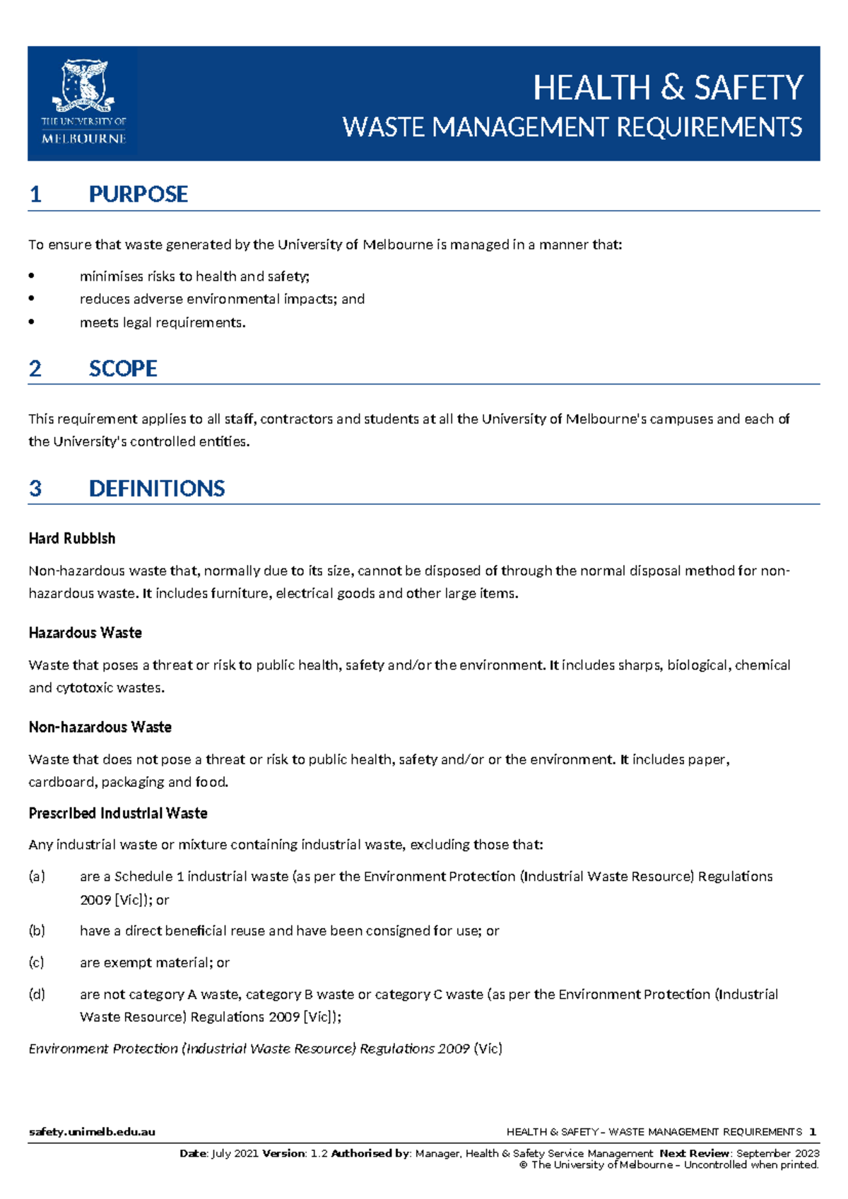 Health and safety waste management requirements - d HEALTH & SAFETY ...