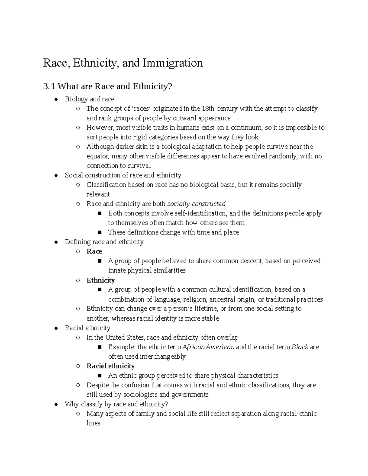 SOC 204 Ch 3 Notes - Race, Ethnicity, and Immigration 3 What are Race ...