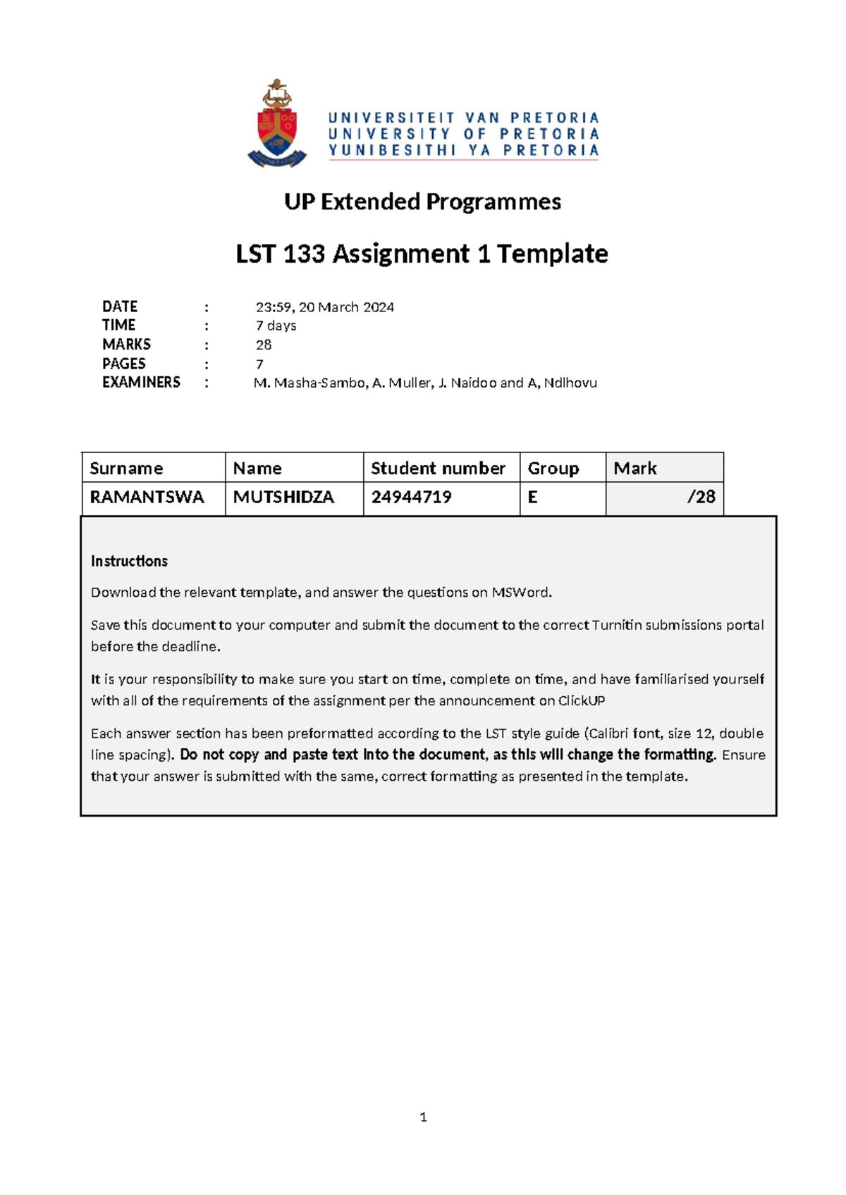 Assigment Section 2 - Nix - UP Extended Programmes LST 133 Assignment 1 Template DATE : 23:59 ...