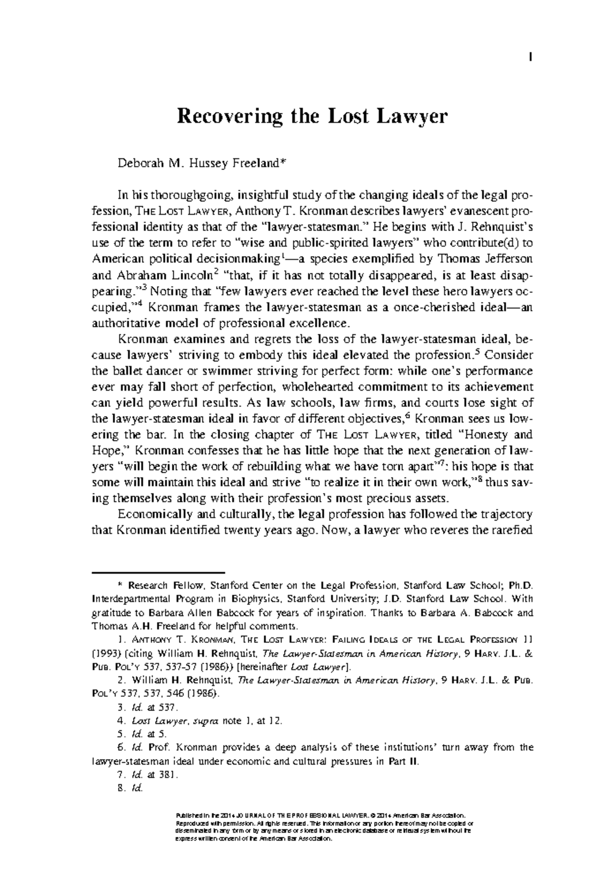 Hussey Freeland Recovering the Lost Lawyer - Recovering the Lost Lawyer ...