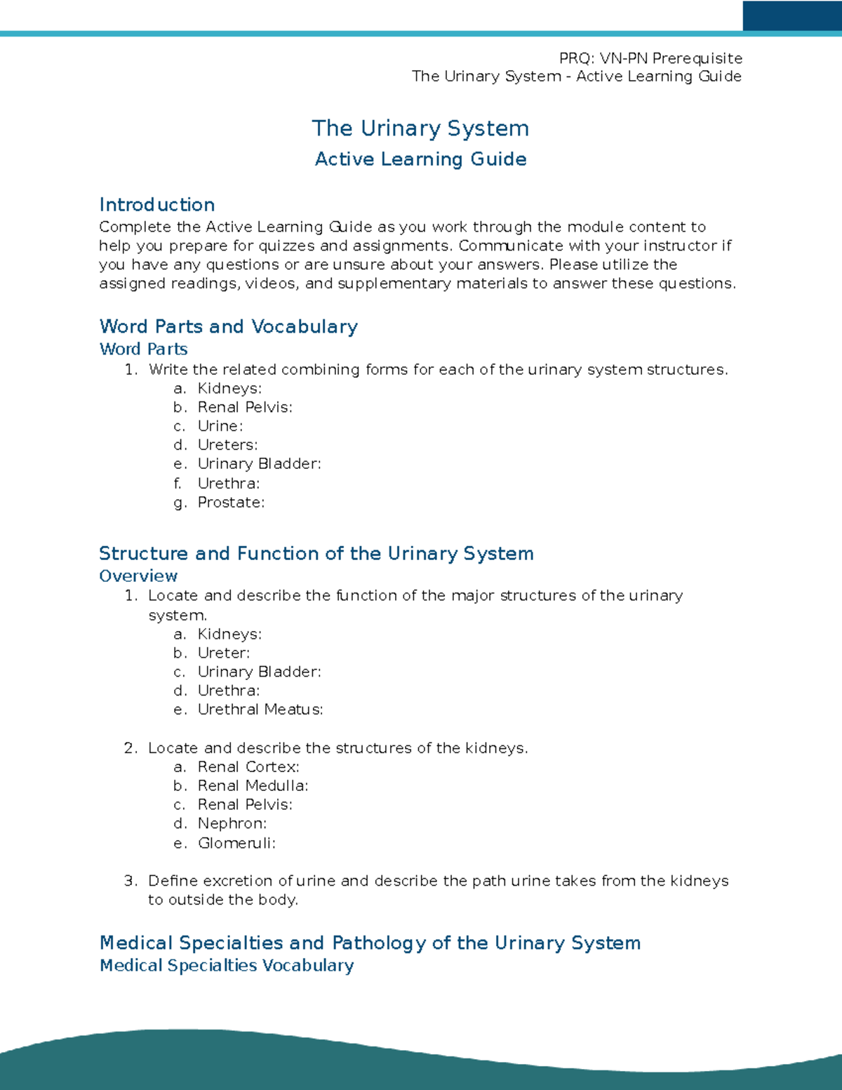 Assignment - Active Learning Guide (Ch. 9 - Urinary System) - The Urinary System - Active ...
