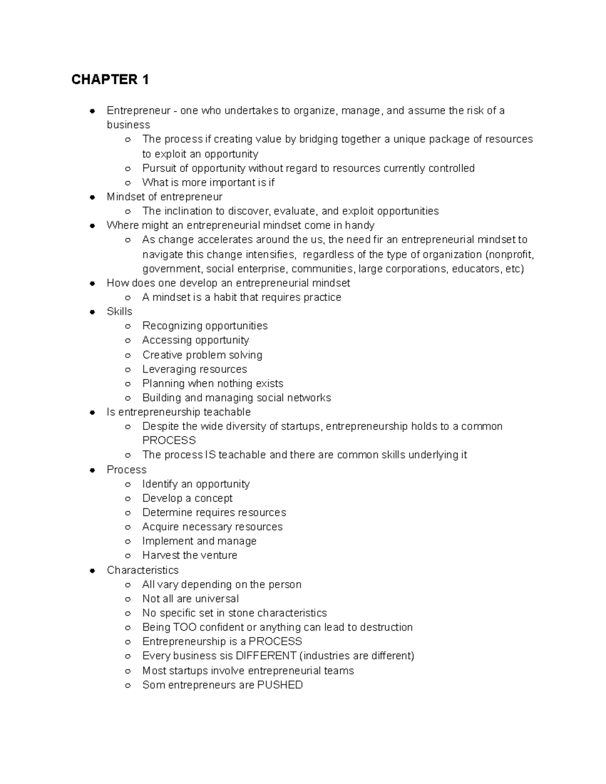 MGMT 310 notes - CHAPTER 1 Entrepreneur - one who undertakes to ...