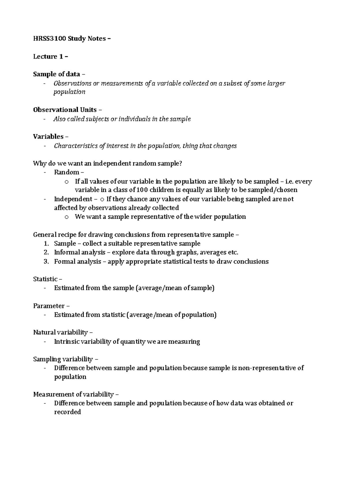 Lecture notes - Study Notes - HRSS3100 Study Notes Lecture 1 Sample of ...