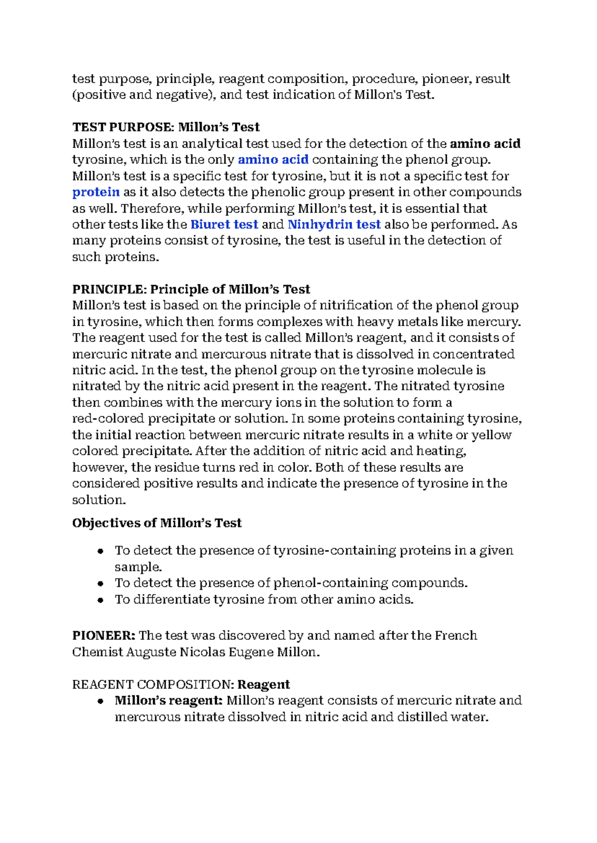 Millons-TEST - Biochemistry midterms - test purpose, principle, reagent ...